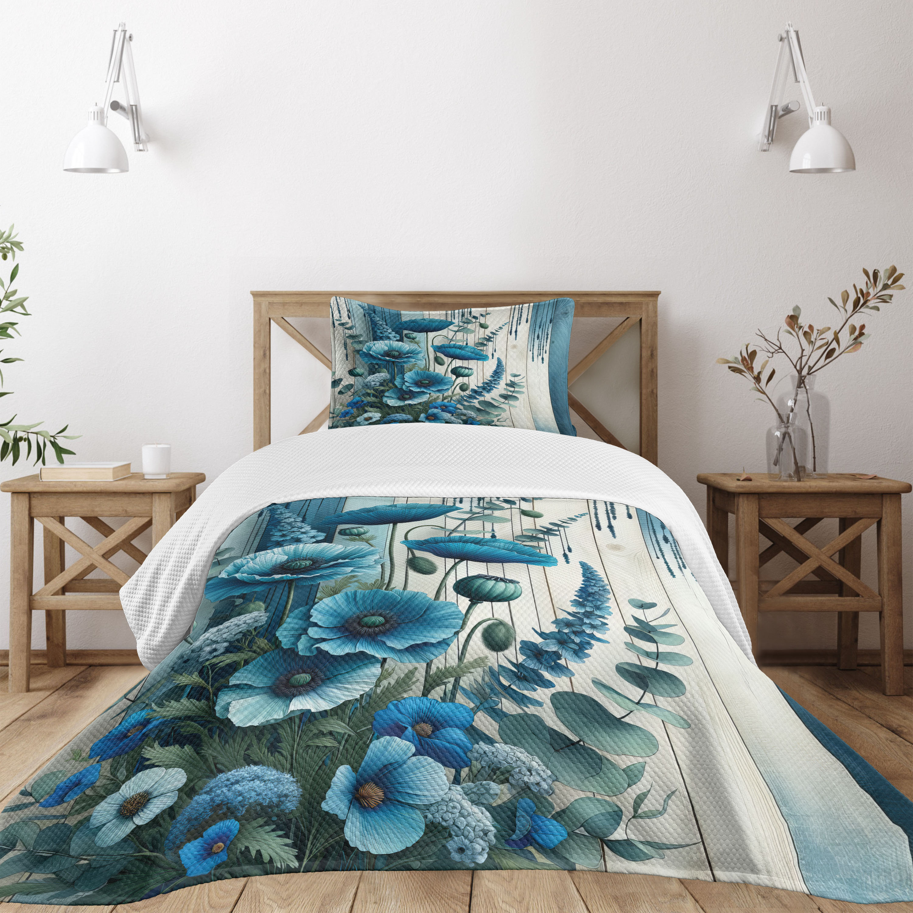 Ambesonne Blue Bedspread Set Poppy Flowers on Rustic Back Dark ...