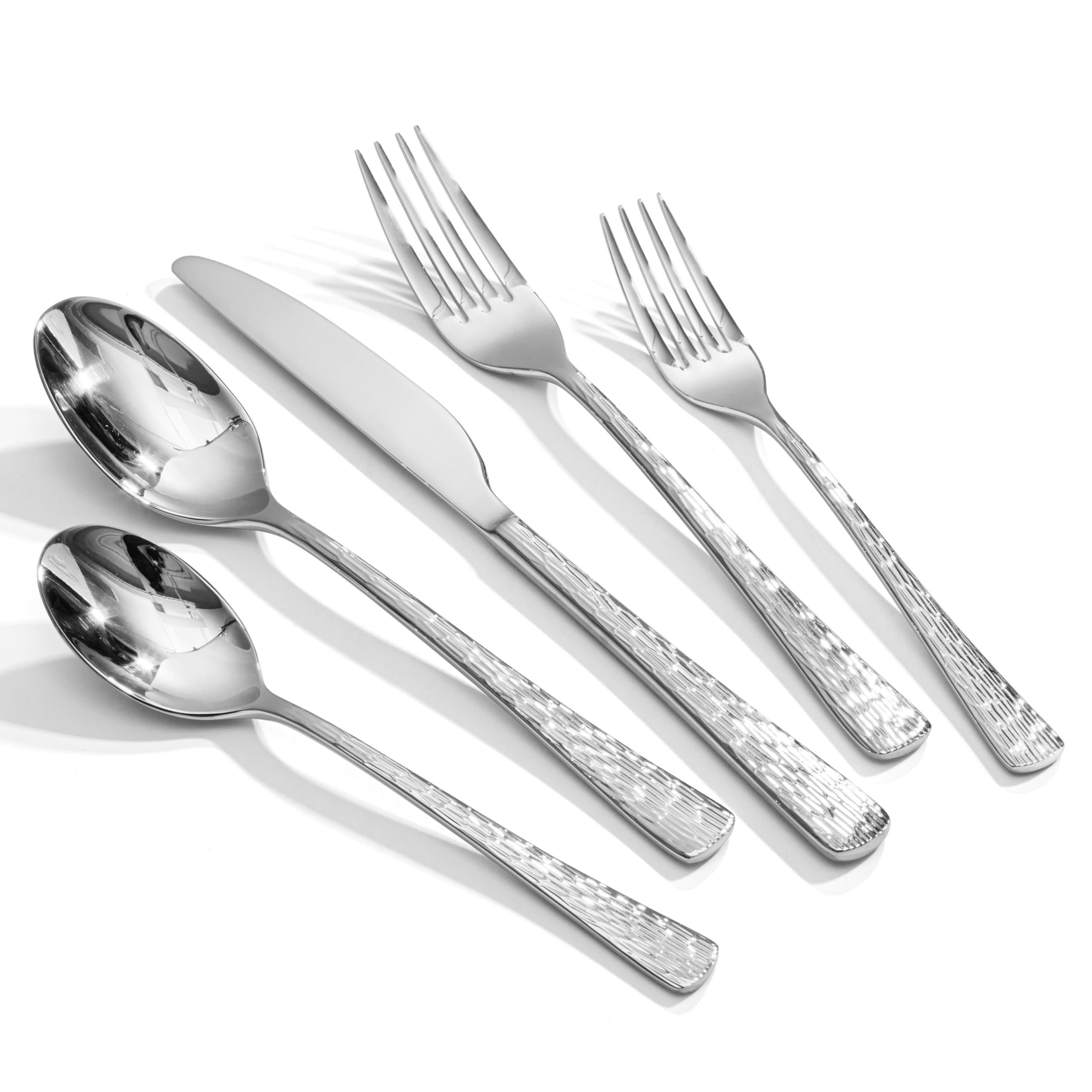 Hokku Designs Hammered Silverware Set,18/10 Stainless Steel Flatware ...