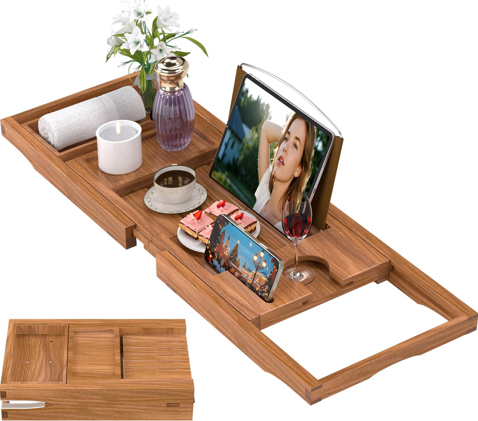 Foundry Select Premium Teak Bathtub Tray, Expandable Wooden Bath Tray ...