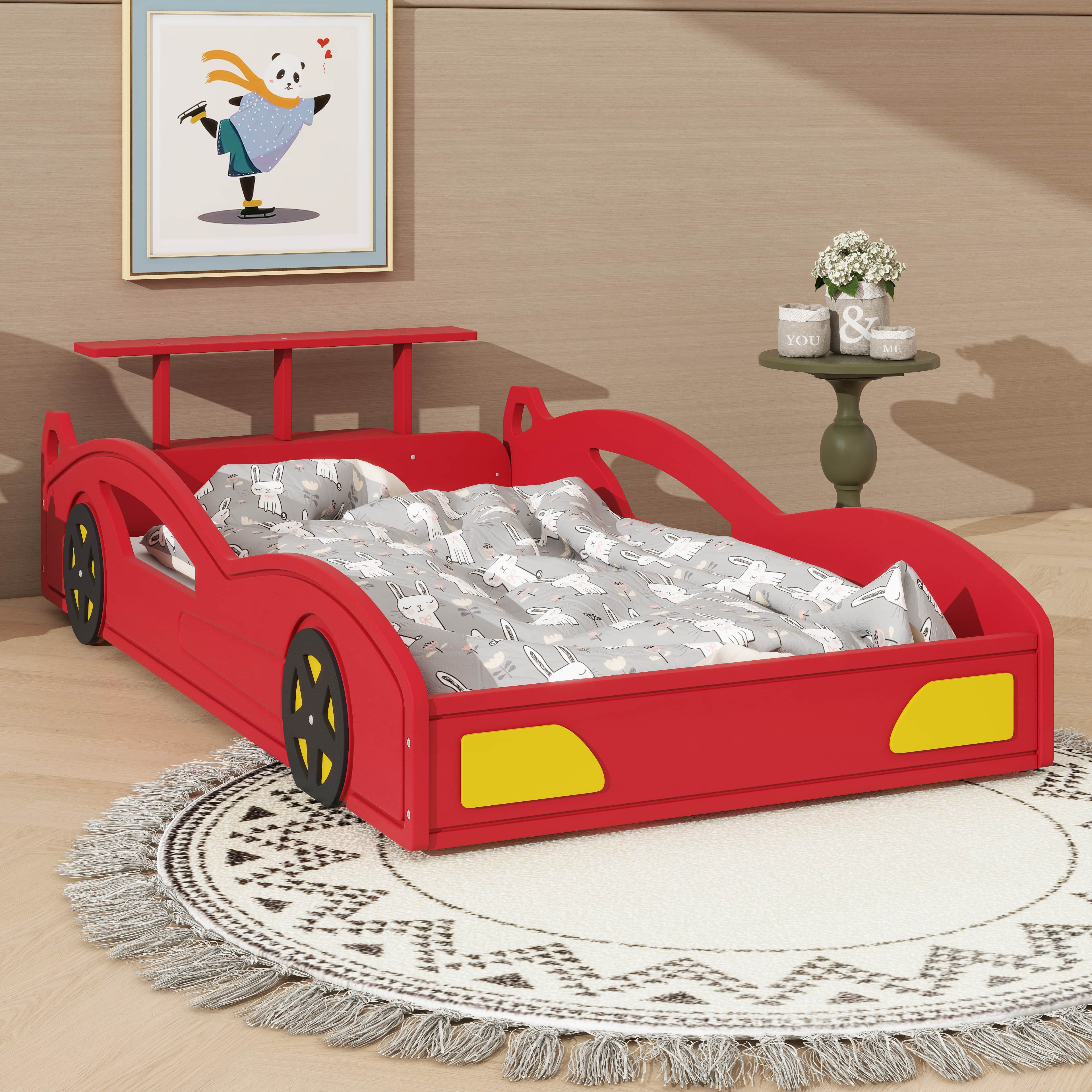 Latitude Run® Wooden Twin Platform Race Car Bed With Rolling Wheels ...