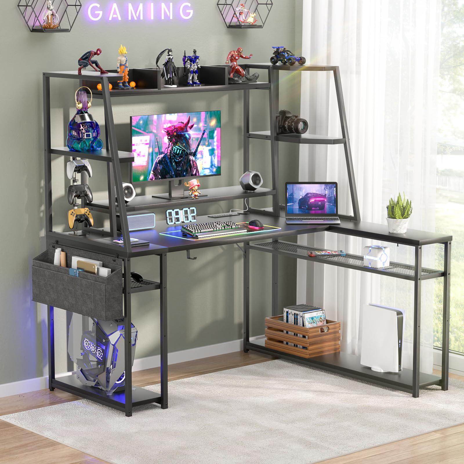 17 Stories Yiting 47'' L Shaped Desk with Hutch & Monitor Stand, Gaming ...