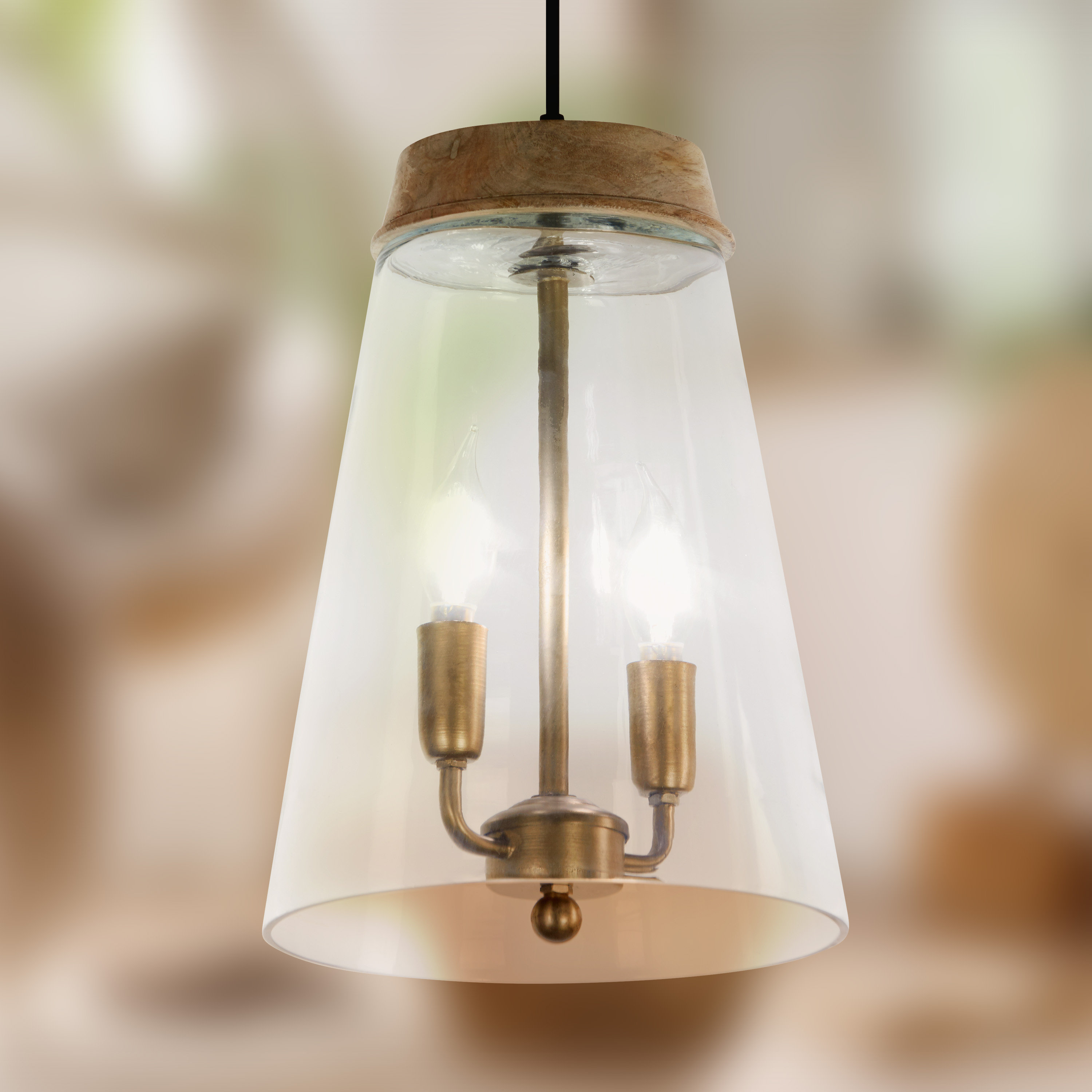 Mercer41 9.75"W Mataio 2 - Light Glass Empire Pendant with Mango Wood ...