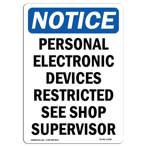 SignMission OSHA Notice - Personal Electronic Devices Restricted Sign ...
