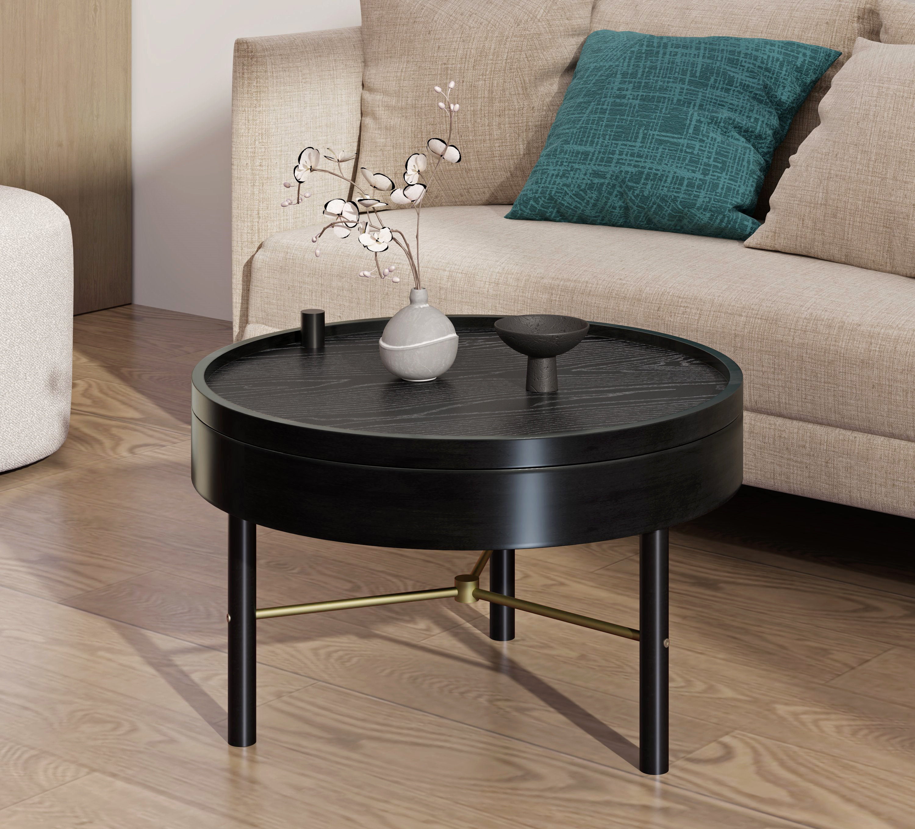Ivy Bronx Modern Round Wood Rotating Tray Coffee Table with Storage ...