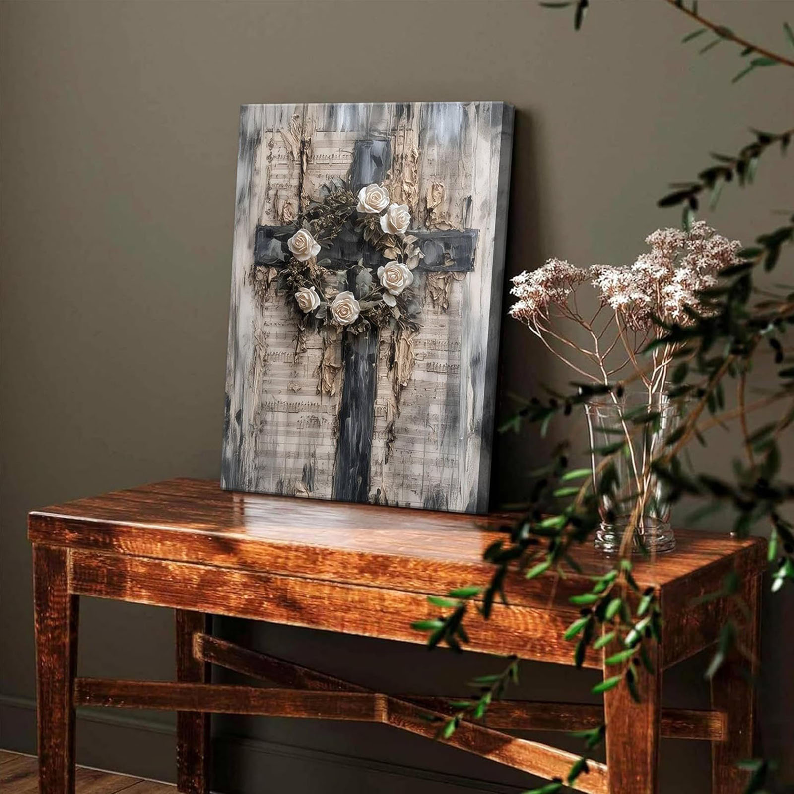 August Grove® Vintage Cross Christian Wall Art, Rose Wreath Canvas ...