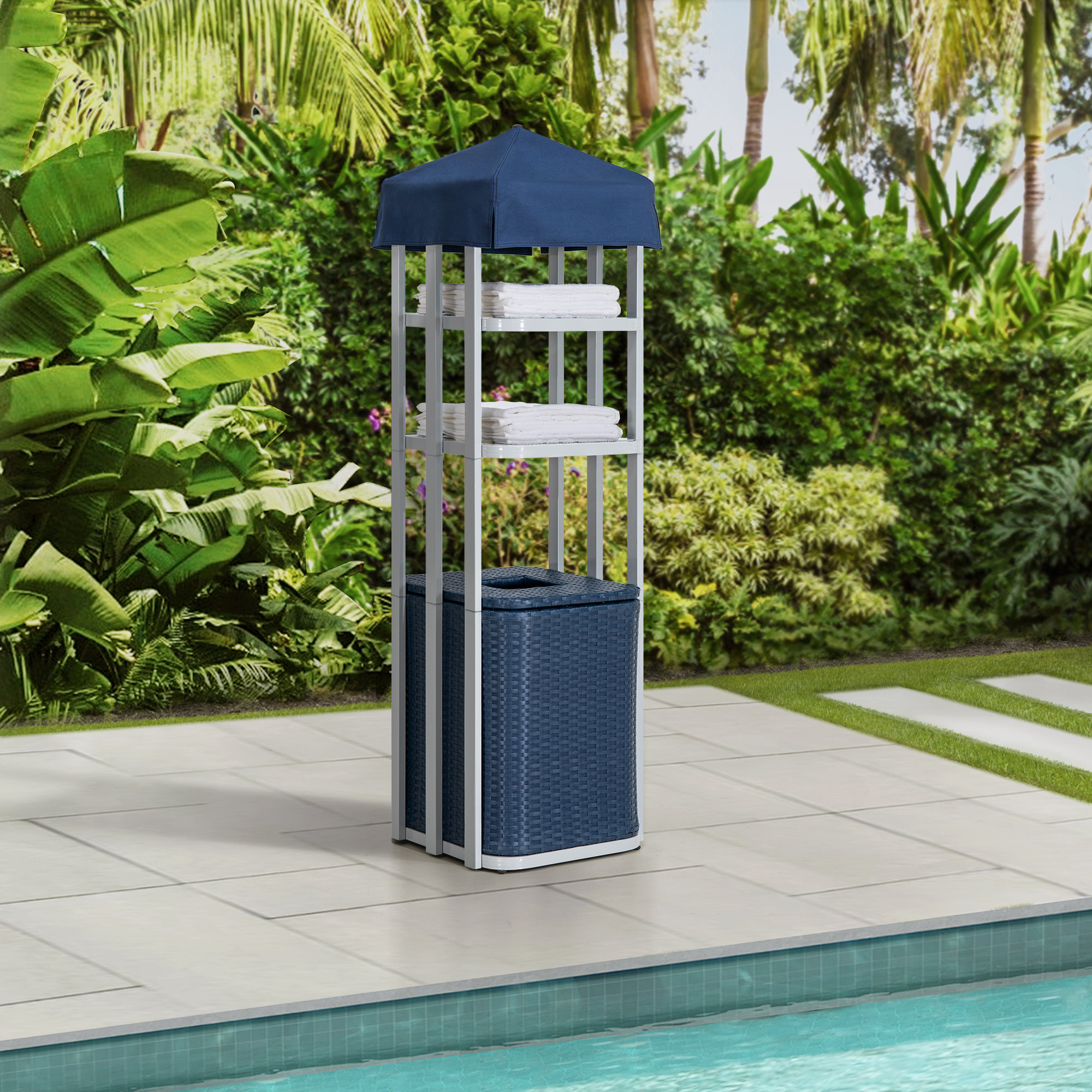 Sunjoy Aluminum Frame Pool Towel Valet Tower with 2-tier Shelves ...