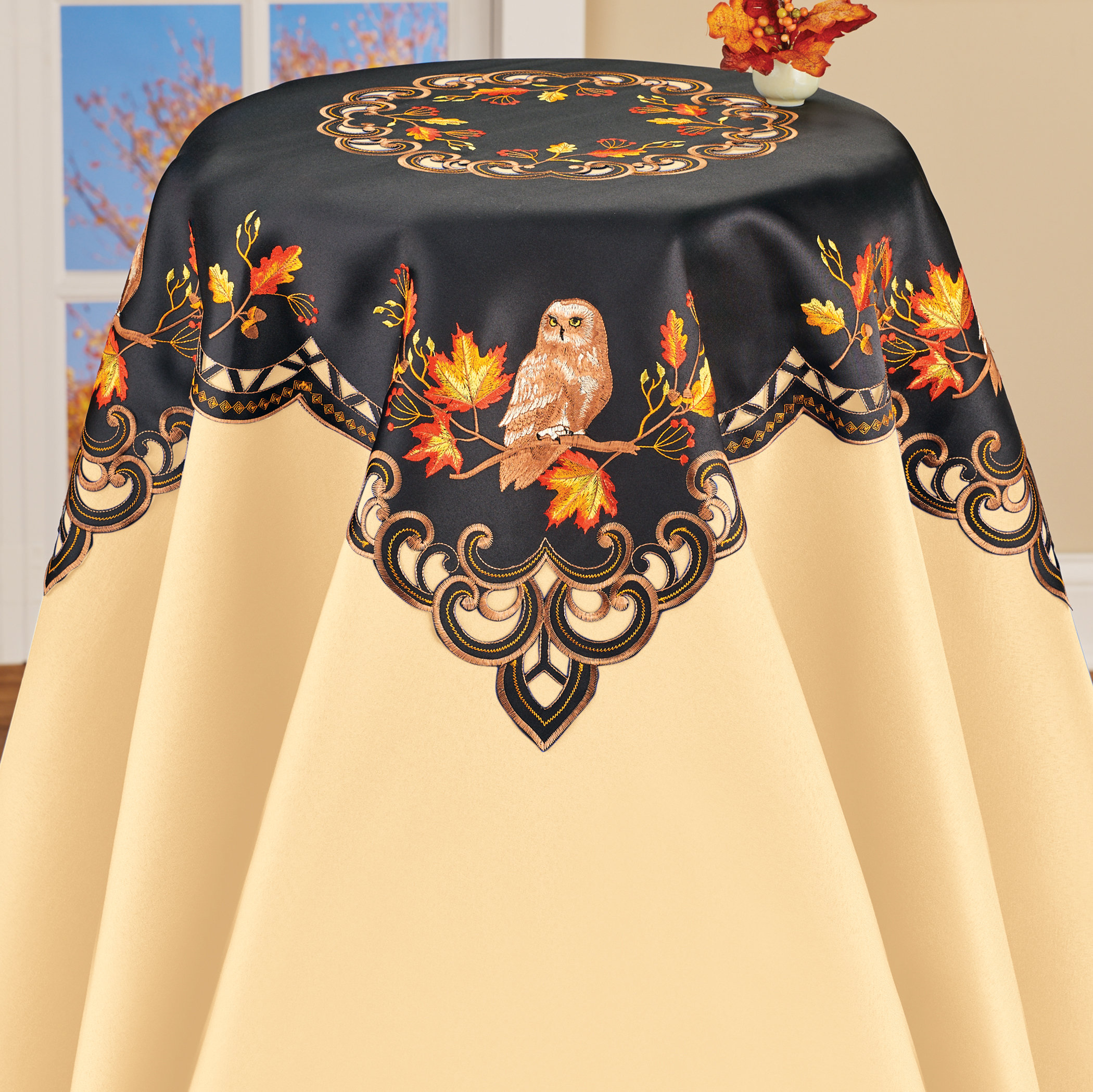 The Holiday Aisle® Karsta Embroidered Owl on Branches Fall Table Linens ...