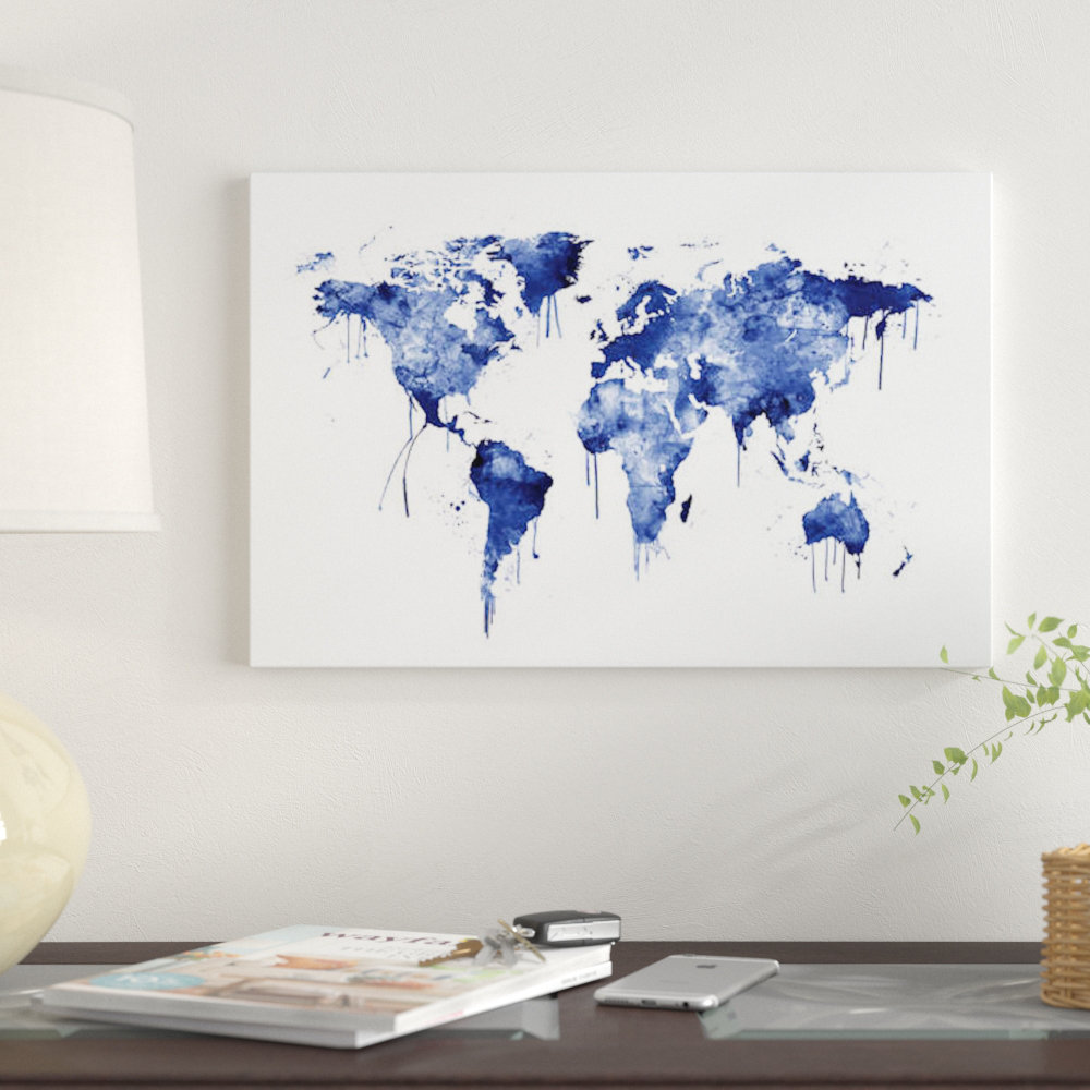 East Urban Home 'Watercolor Map Of The World Map, Blue' By Michael ...
