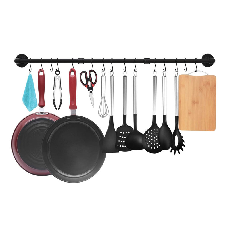 Williston Forge Black Wall-Mounted Detachable Pot Bar Rack with 15 S ...