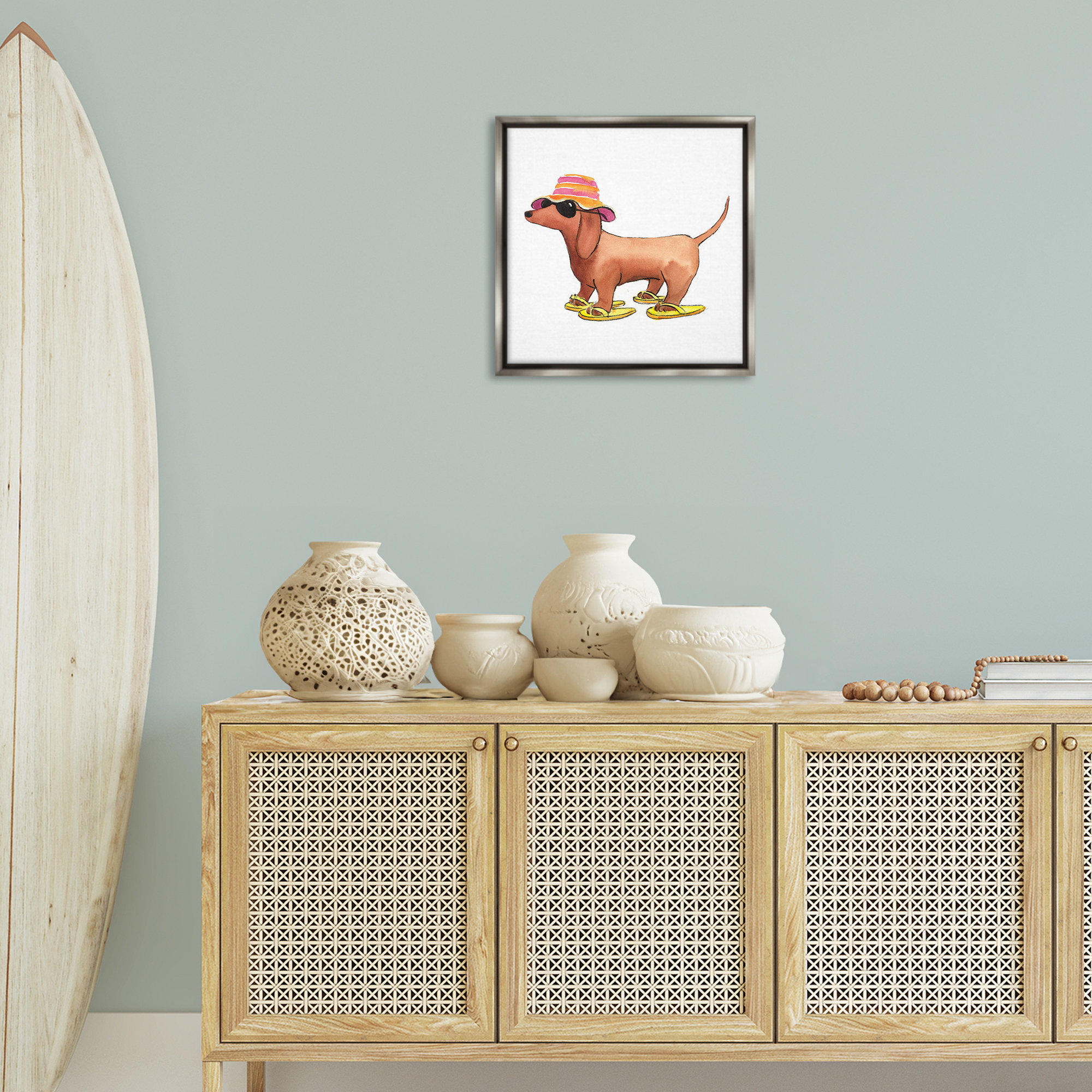 Winston Porter Beach Dog Flip Flops Gray Framed Floater Canvas Wall Art by Geoff Allen | Wayfair