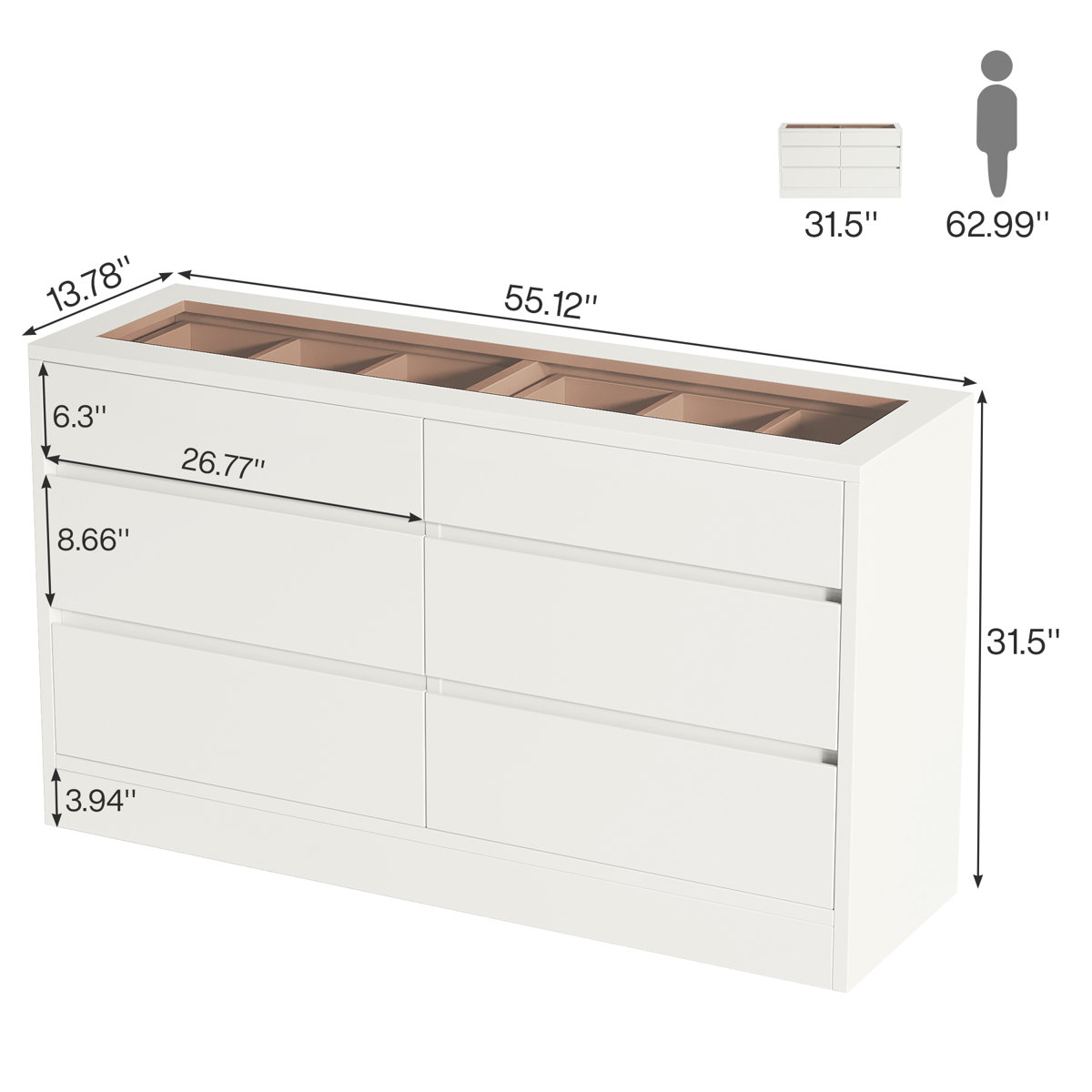 Wrought Studio™ White 6 Drawer Dresser For Bedroom, Wide Chest Of ...