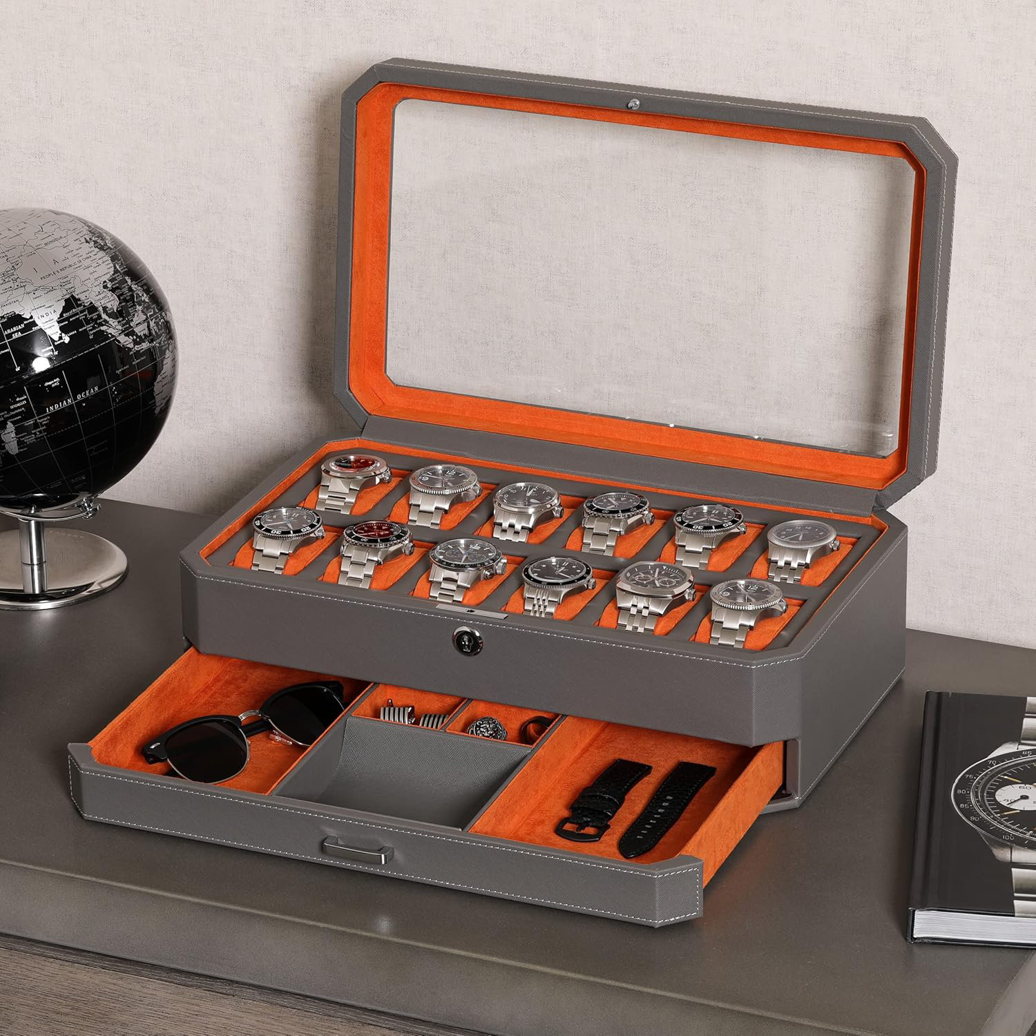 ENDOSTO 12 Slot Leather Watch Box with Valet Drawer - 12 Slot Luxury ...