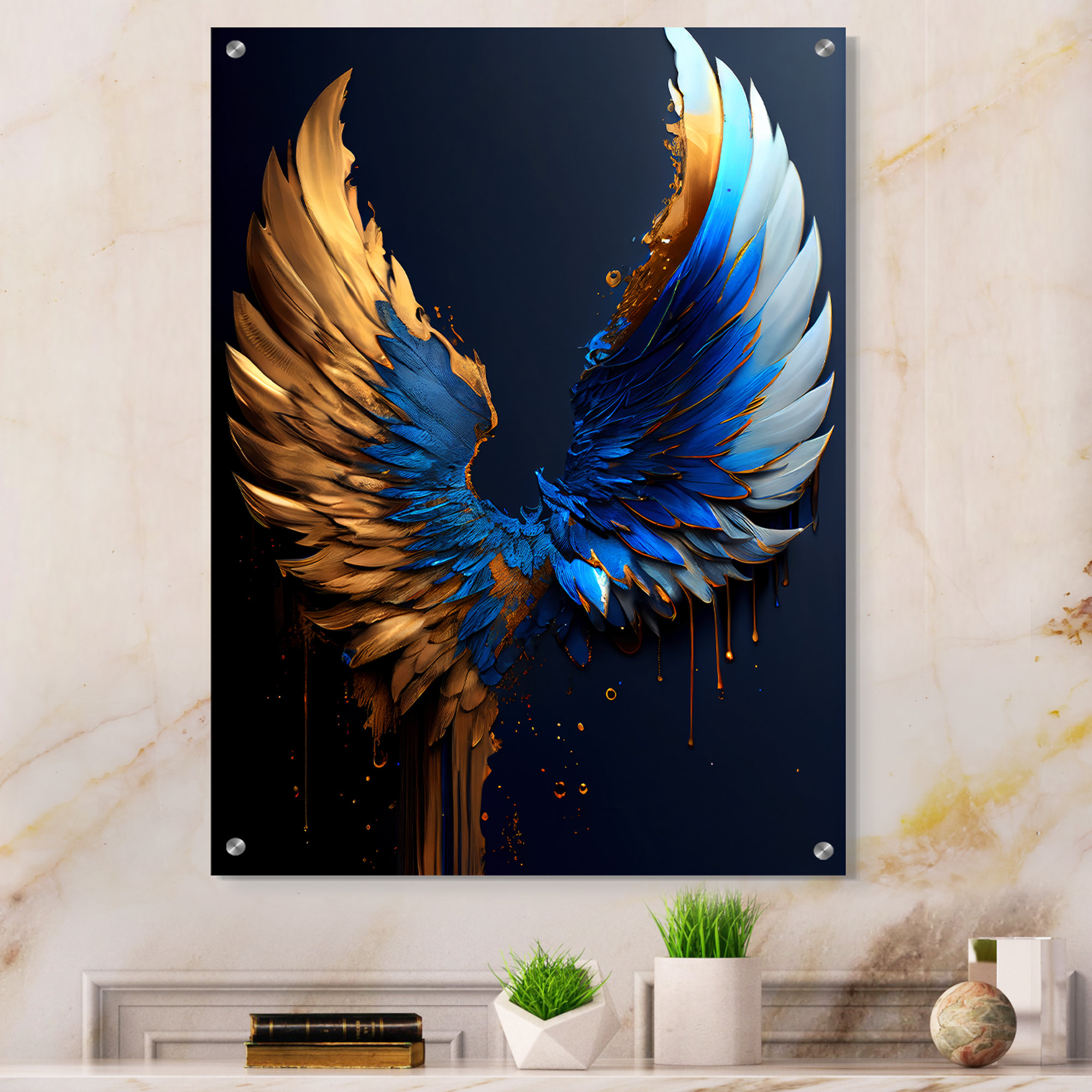 Trinx Blue And Gold Angel Wings VI - Wings Angel Acrylic Wall Art | Wayfair