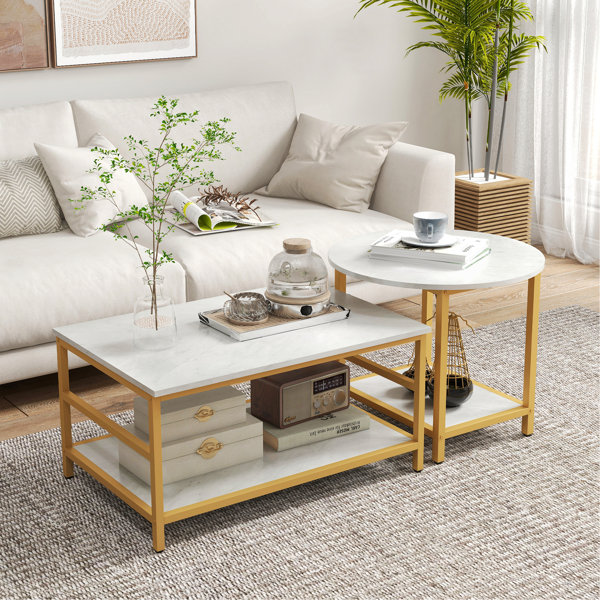 Everly Quinn Mottram Modern Coffee Table Set of 2 - Faux Marble Top ...