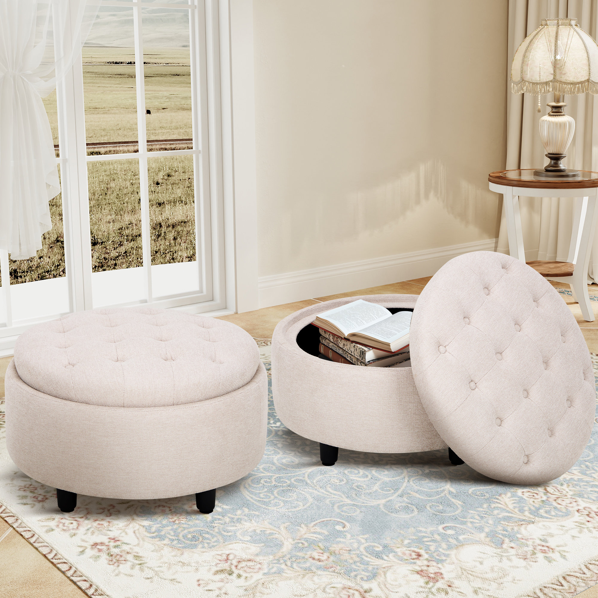 Latitude Run® 25'' Oversized Upholstered Round Storage Ottoman with ...