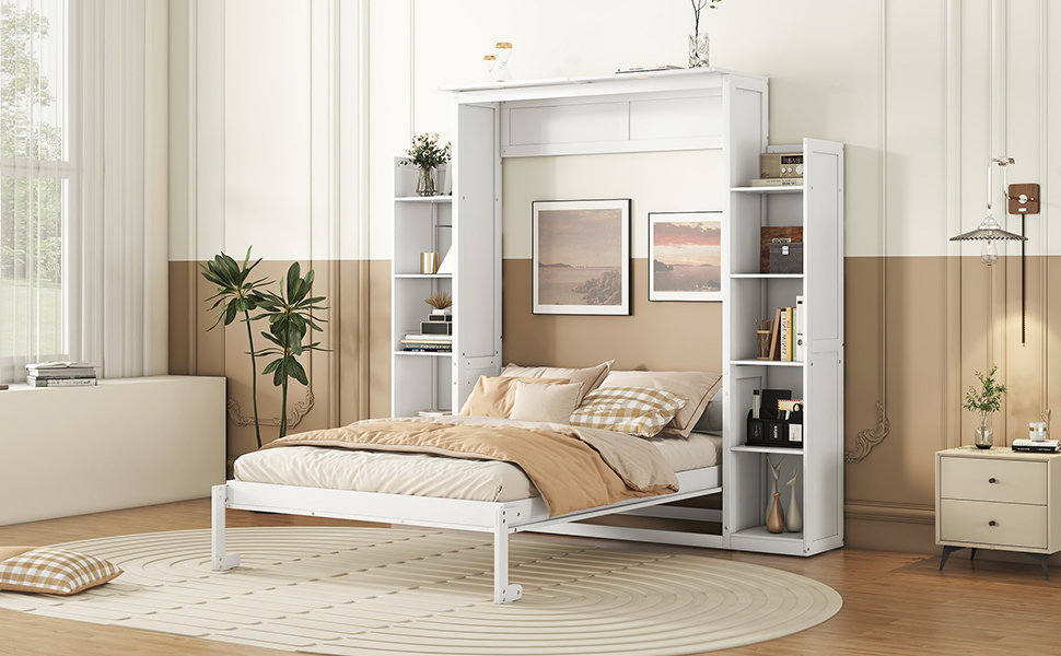 Orren Ellis Murphy Bed Wall Bed with Shelves and LED Lights,White - Wayfair Canada