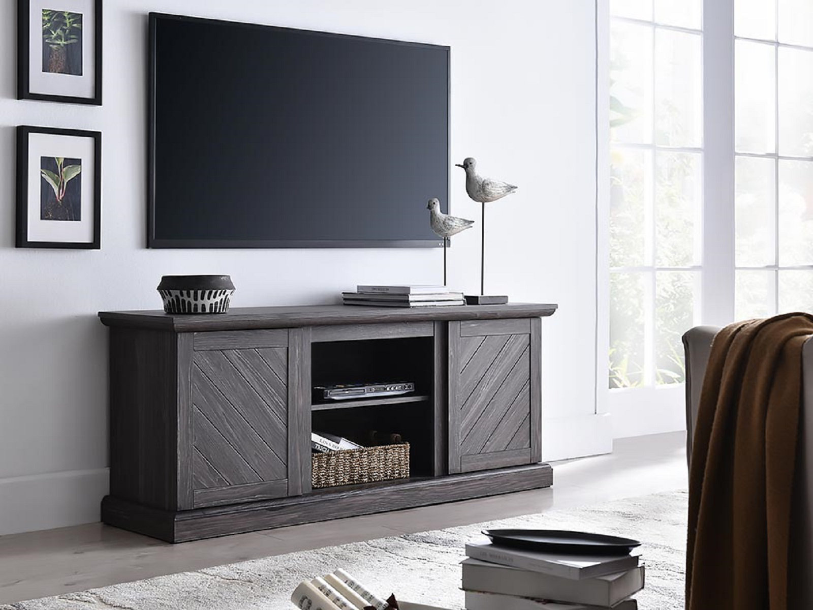 Millwood Pines Walden 56-In Media Console in Weathered Gray - Cabinet Only | Wayfair