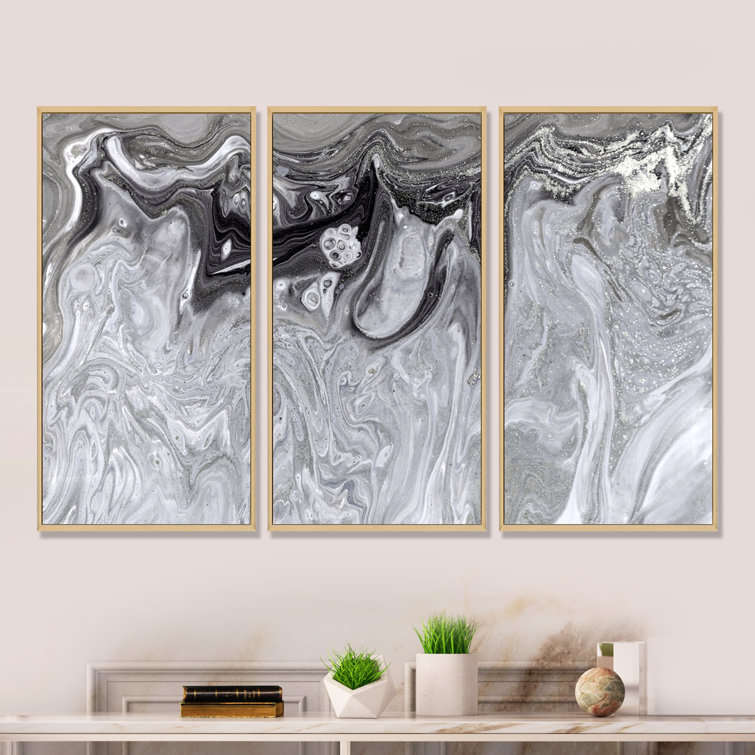 Wrought Studio Grey Abstract Liquid Art Framed On Canvas 3 Pieces ...