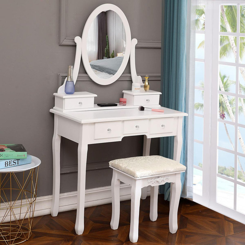 House of Hampton® Overholt Vanity Set with Stool and Mirror | Wayfair