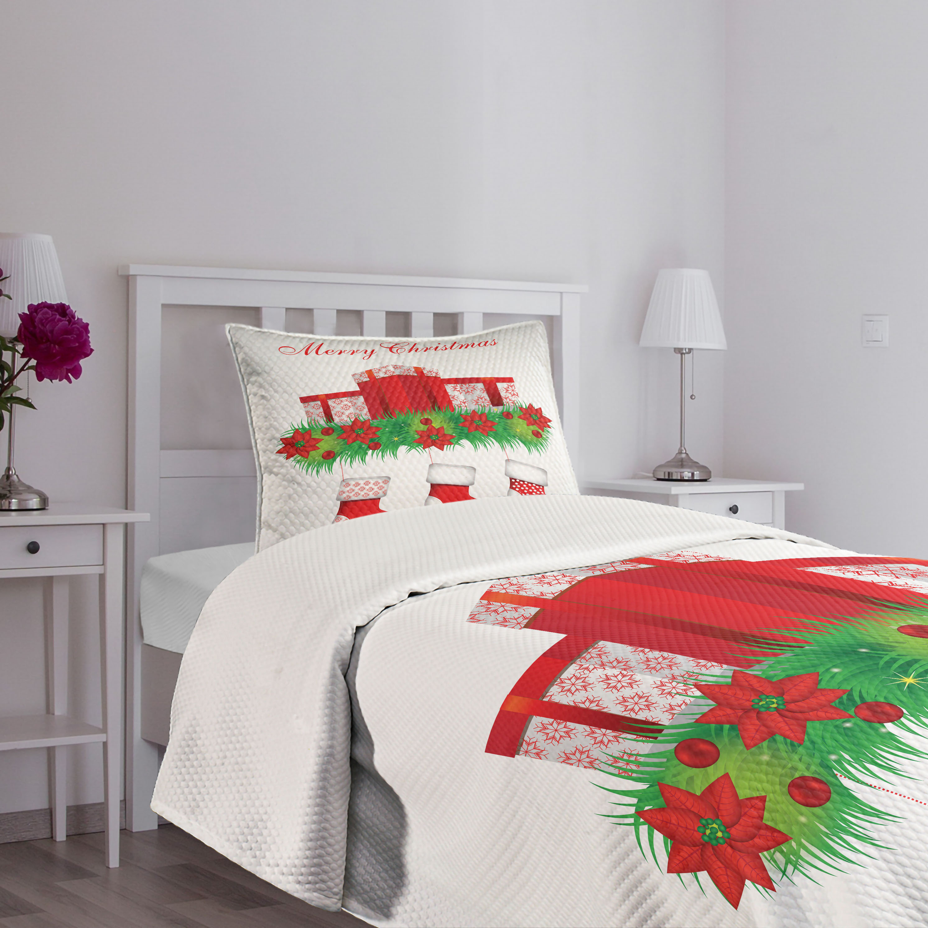 Ambesonne Christmas Bedspread Set Hanging Stockings Red Emerald White ...
