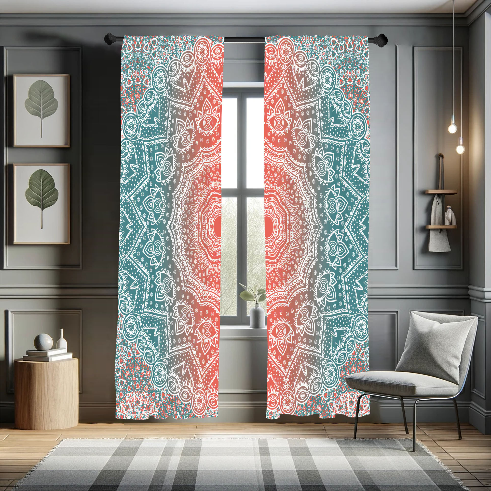 Ebern Designs Coral and Teal Curtains, Modern Mandala, Pair of 28 ...