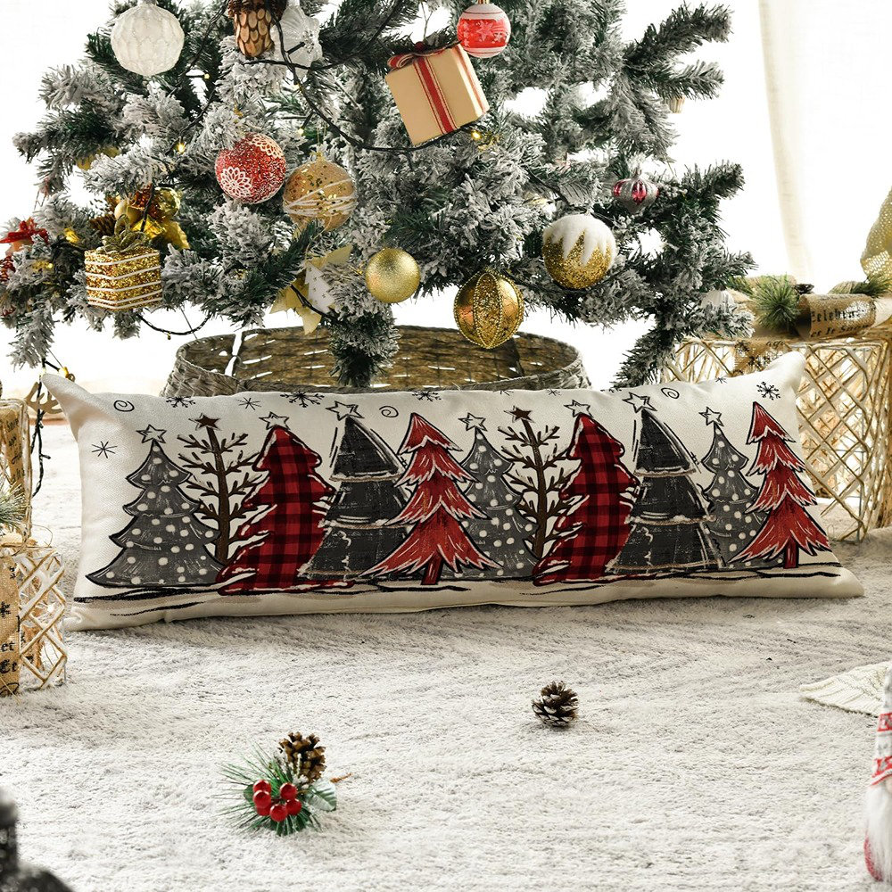 MAXAYA Watercolor Buffalo Plaid Christmas Trees Long Lumbar Pillow ...