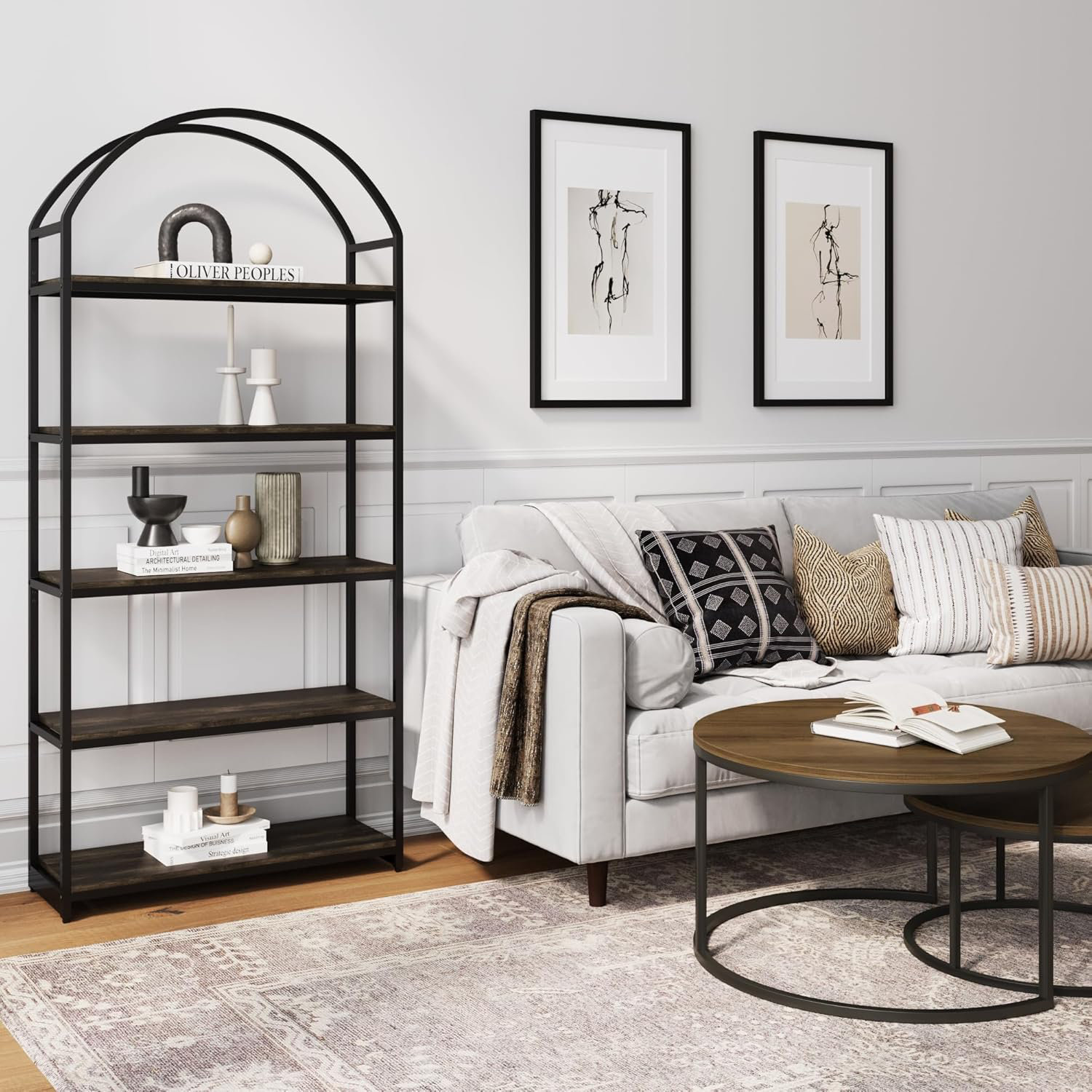 17 Stories Nathan James Haven Etagere Bookshelf With Arch Top, Open ...