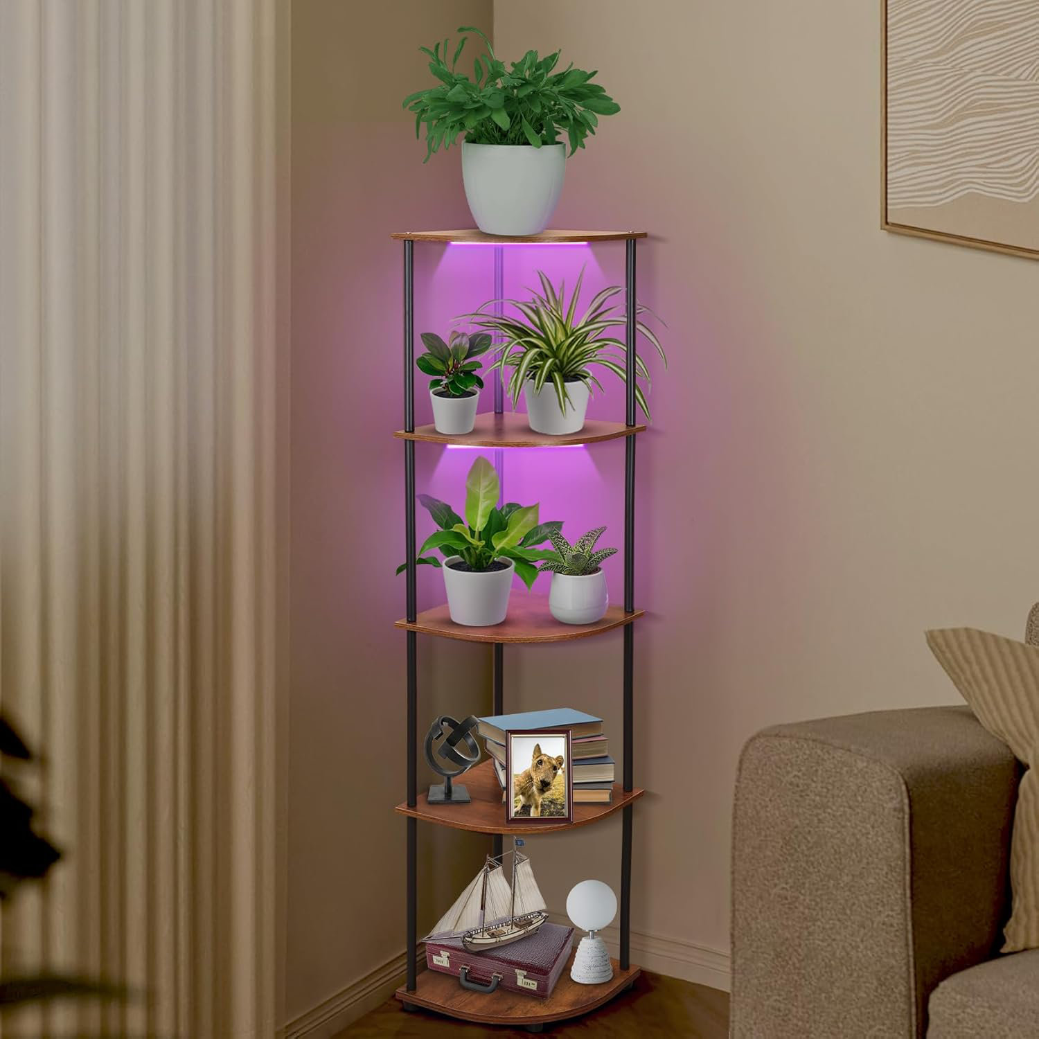 Wrought Studio™ Corner Plant Stand Indoor with Grow Lights, 5 Tiered ...