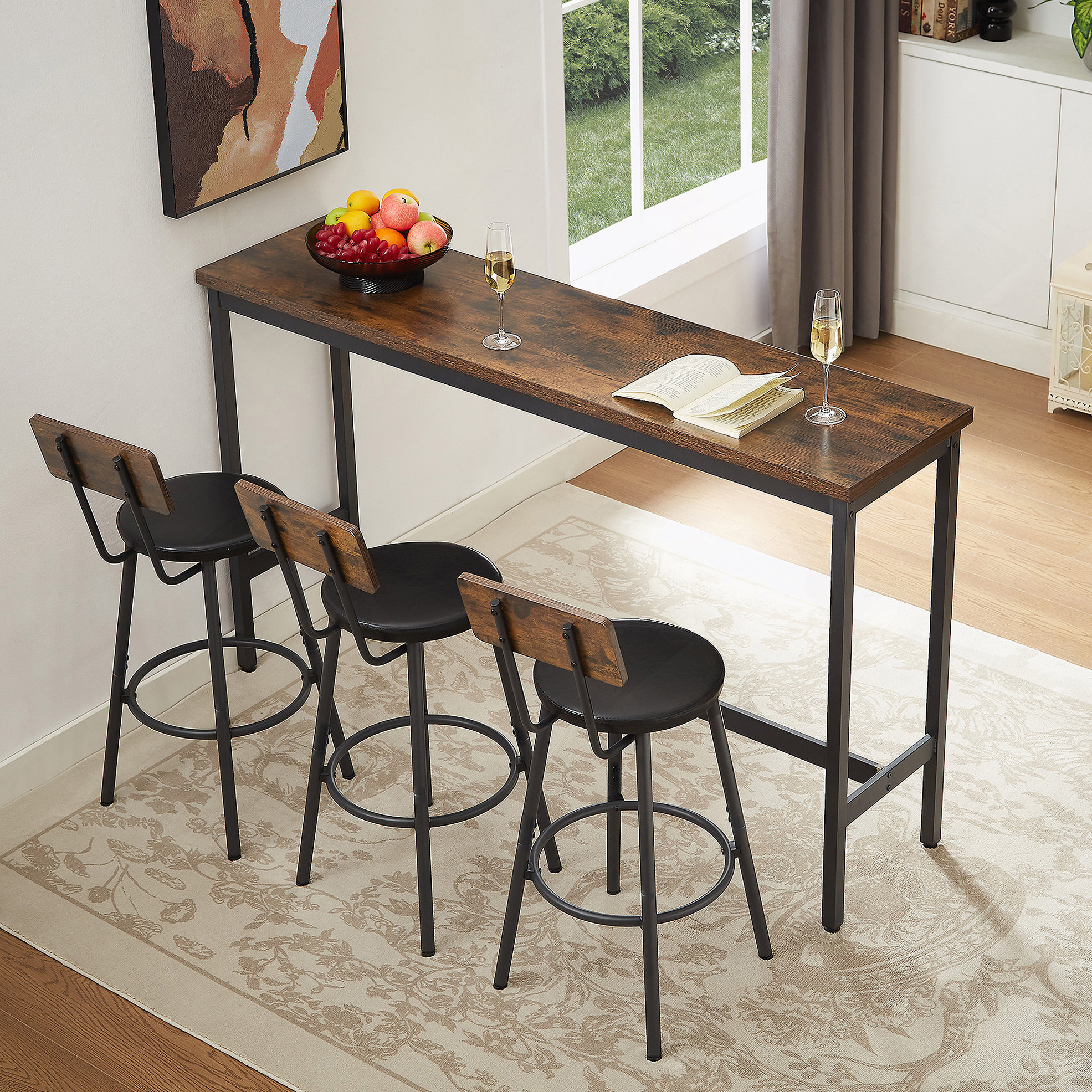 17 Stories Long Bar Table Set with 3 PU Upholstered Bar Stools ...