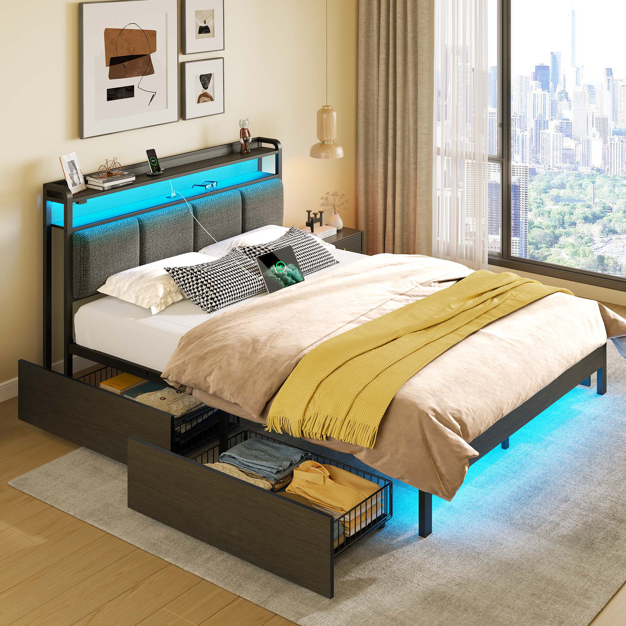 Wrought Studio™ Bed with Headboard and Power Outlets, Upholstered bed ...