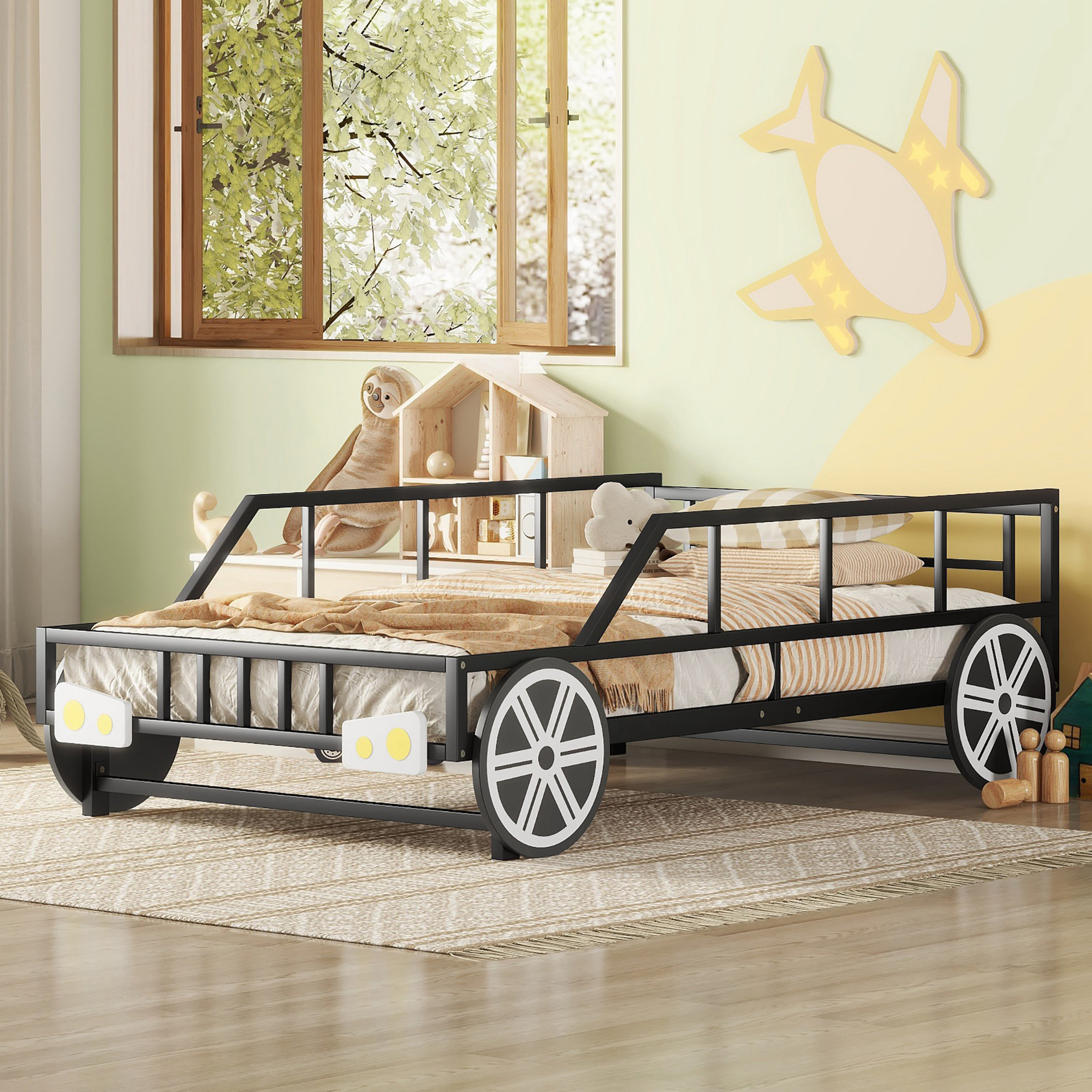 Zoomie Kids Metal Twin Size Car-shaped Platform Bed with Wheels and ...
