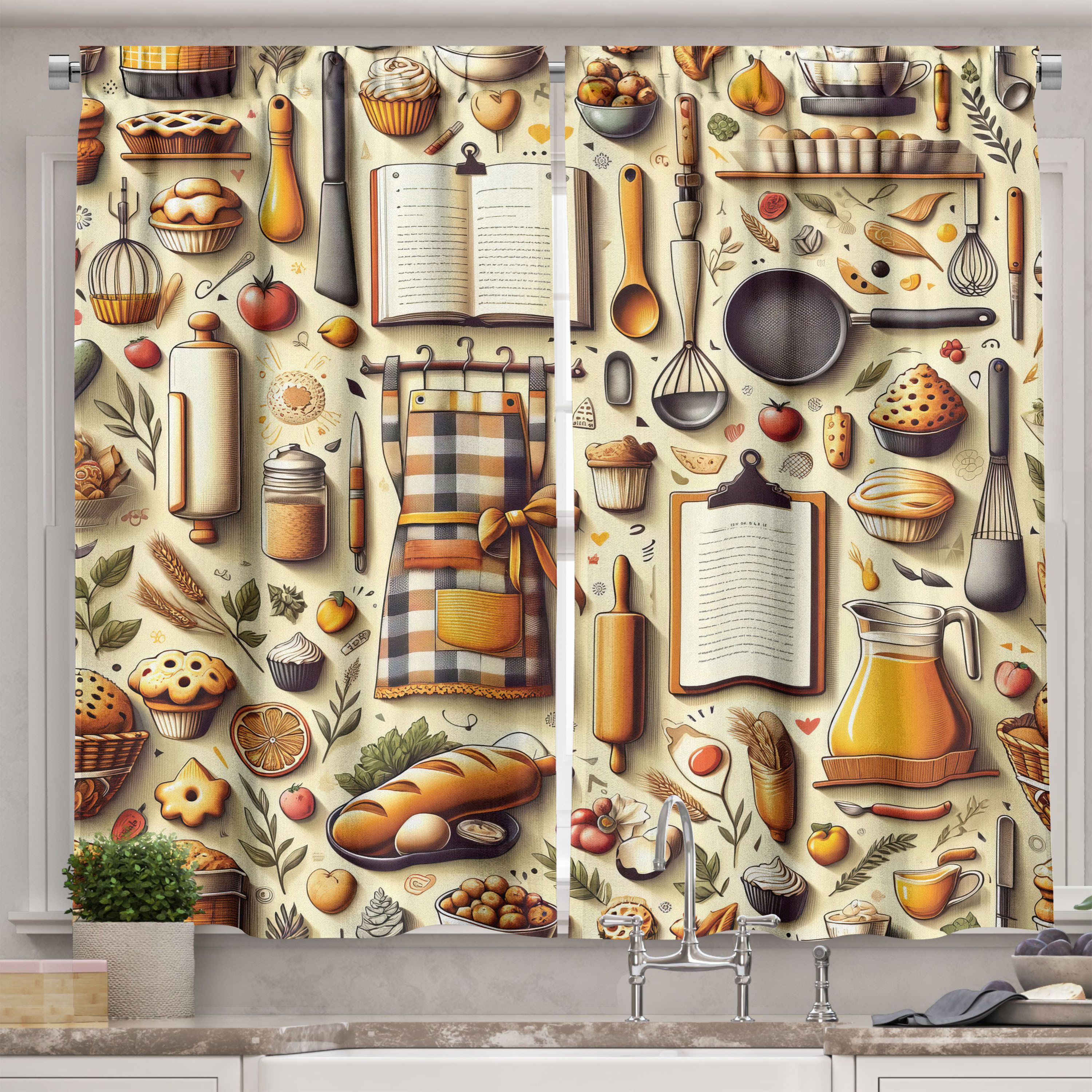 Ambesonne Cooking Themed Kitchen Curtain Chef Food Kitchen Cream and ...