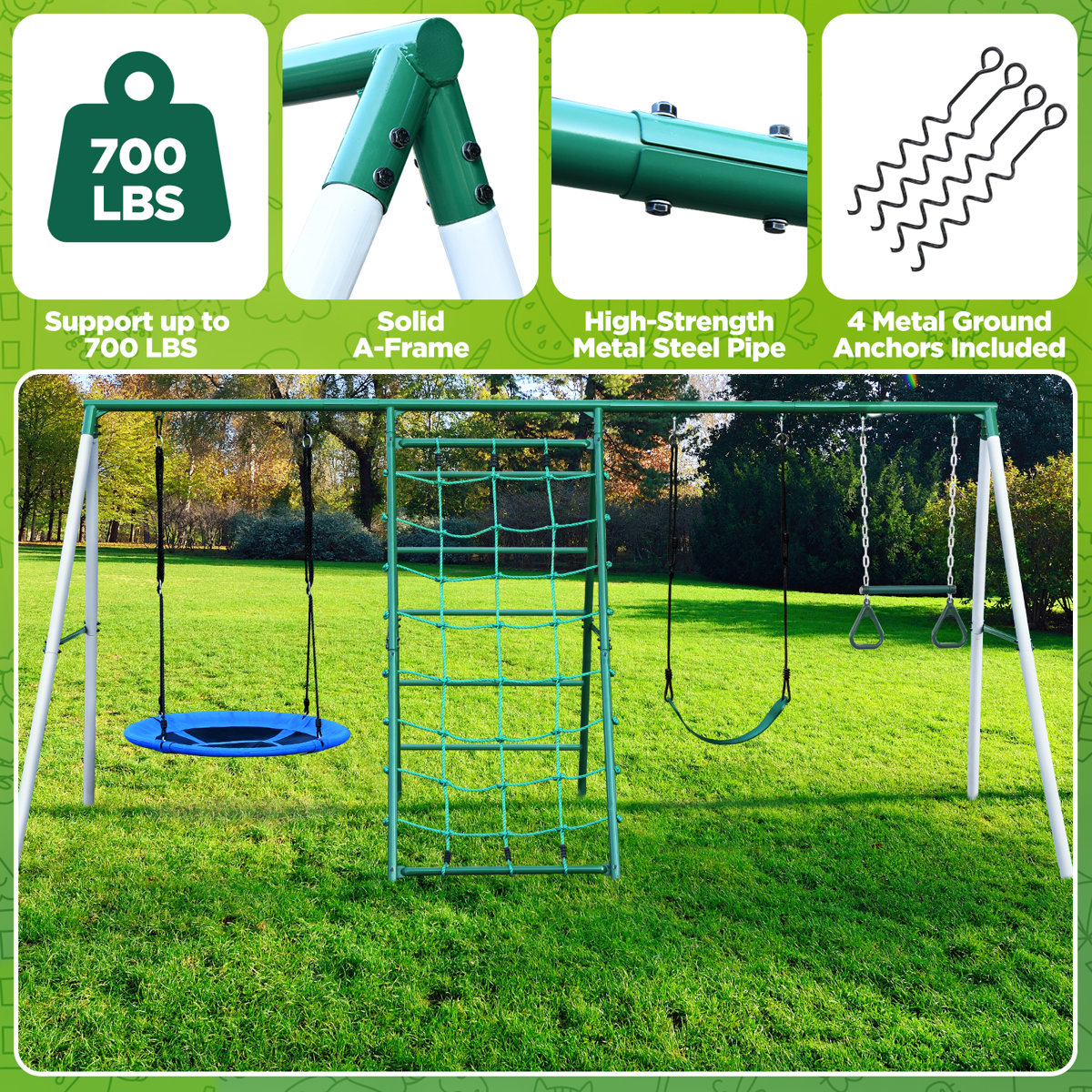 Klo Kick 600lbs Swing Sets With Saucer Swing, Trapeze Monkey Bar, Belt ...