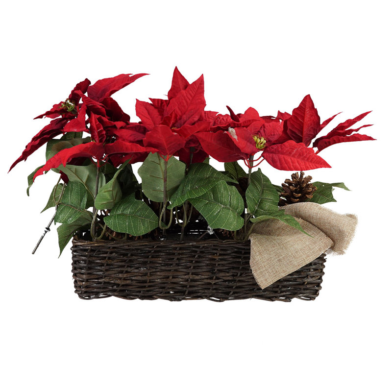 Tori Home 24" Red Christmas Poinsettia Floral Wicker Basket | Wayfair