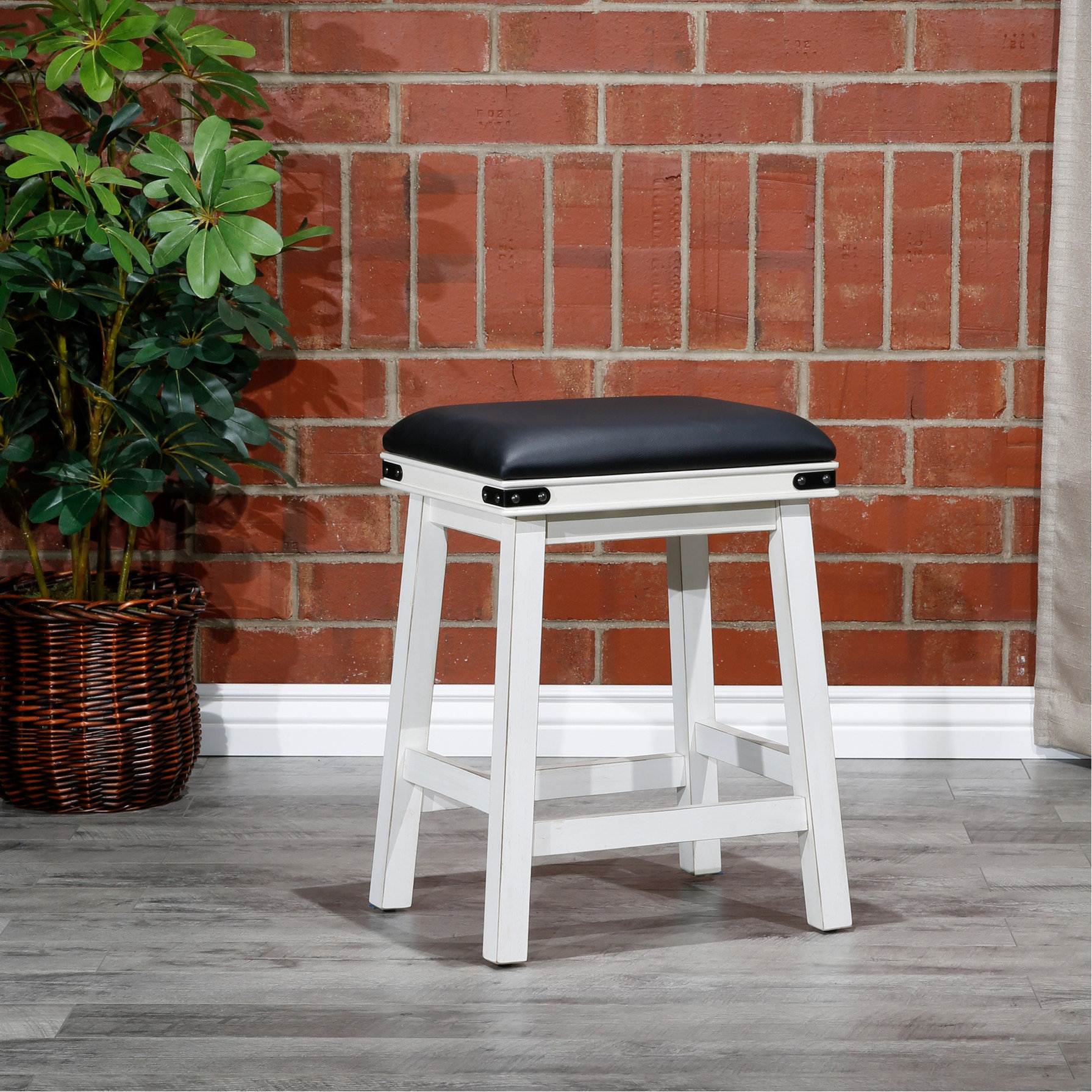 Gracie Oaks 24" Counter Stool, Antique White Finish, Black Leather ...