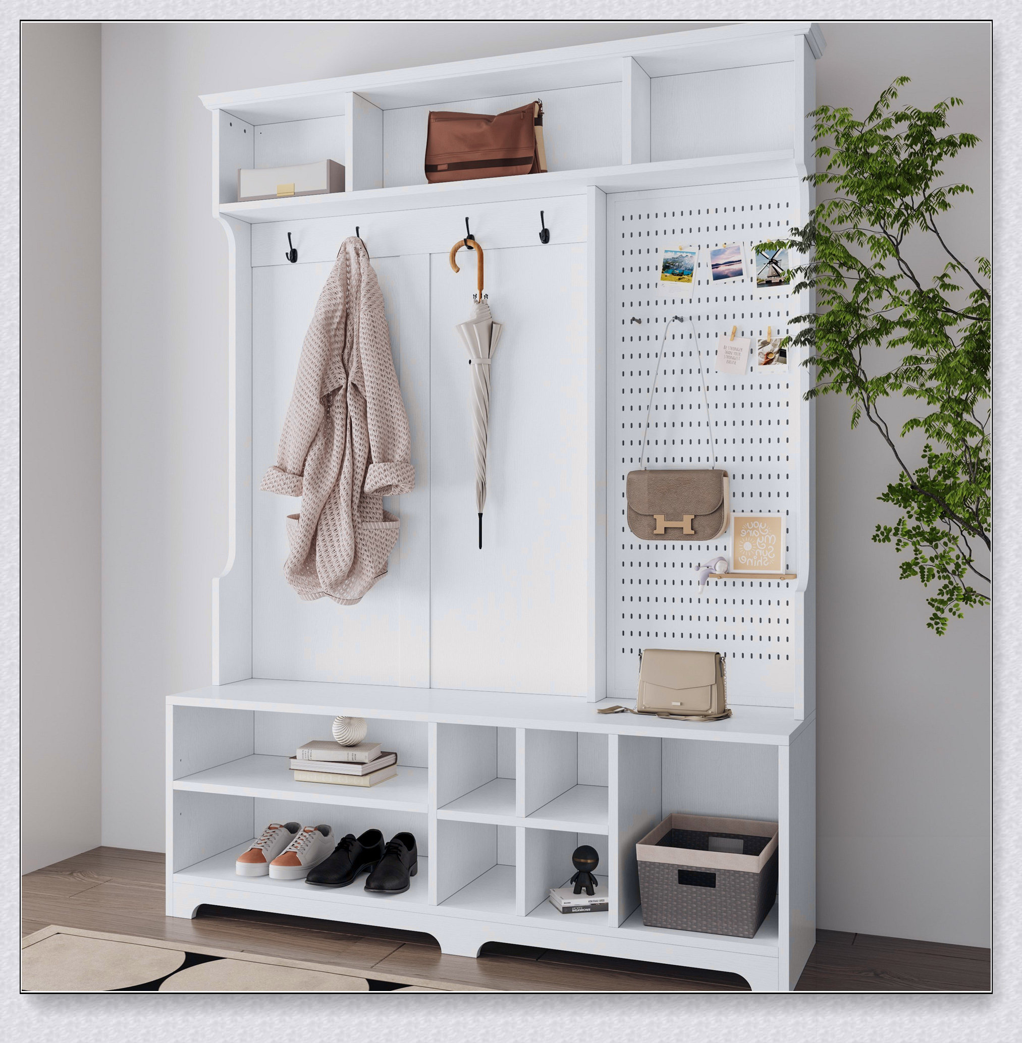 Winston Porter White Hall Tree with Storage Bench, Shelves, and Hooks ...