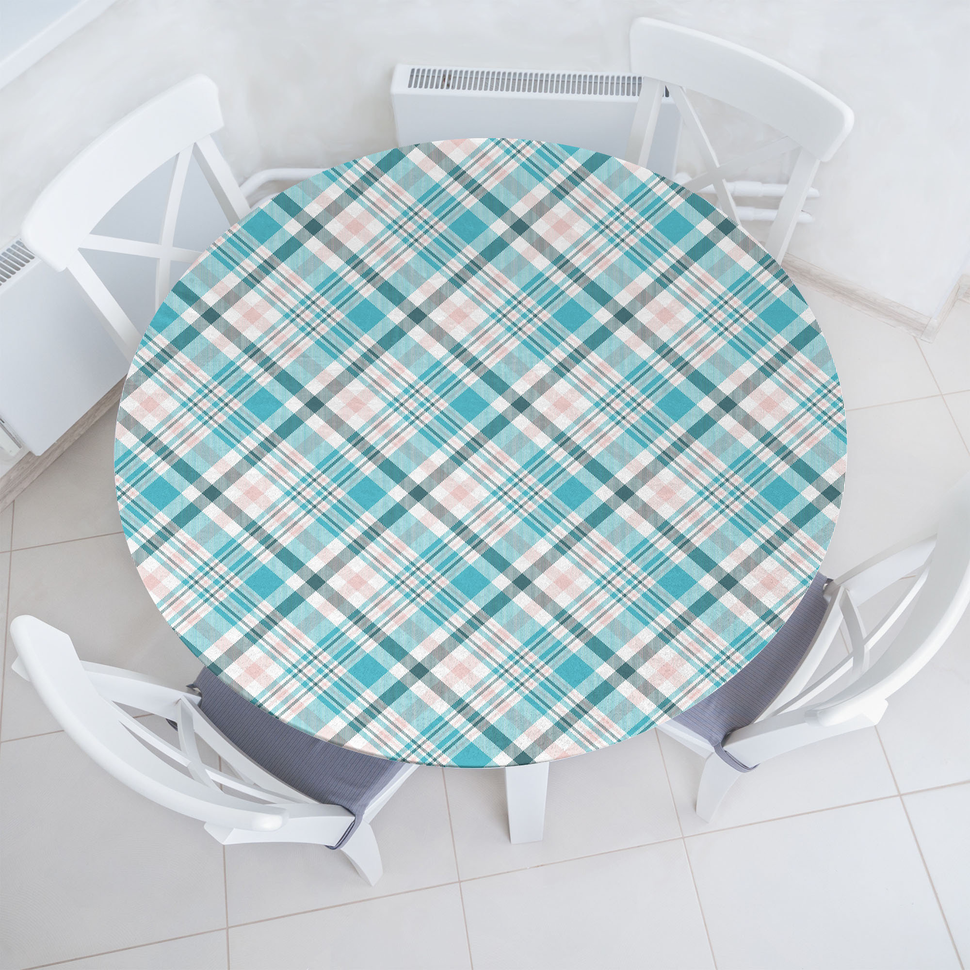 Gracie Oaks Tartan Fitted Round Tablecloth Blush and Deep Sky Blue ...