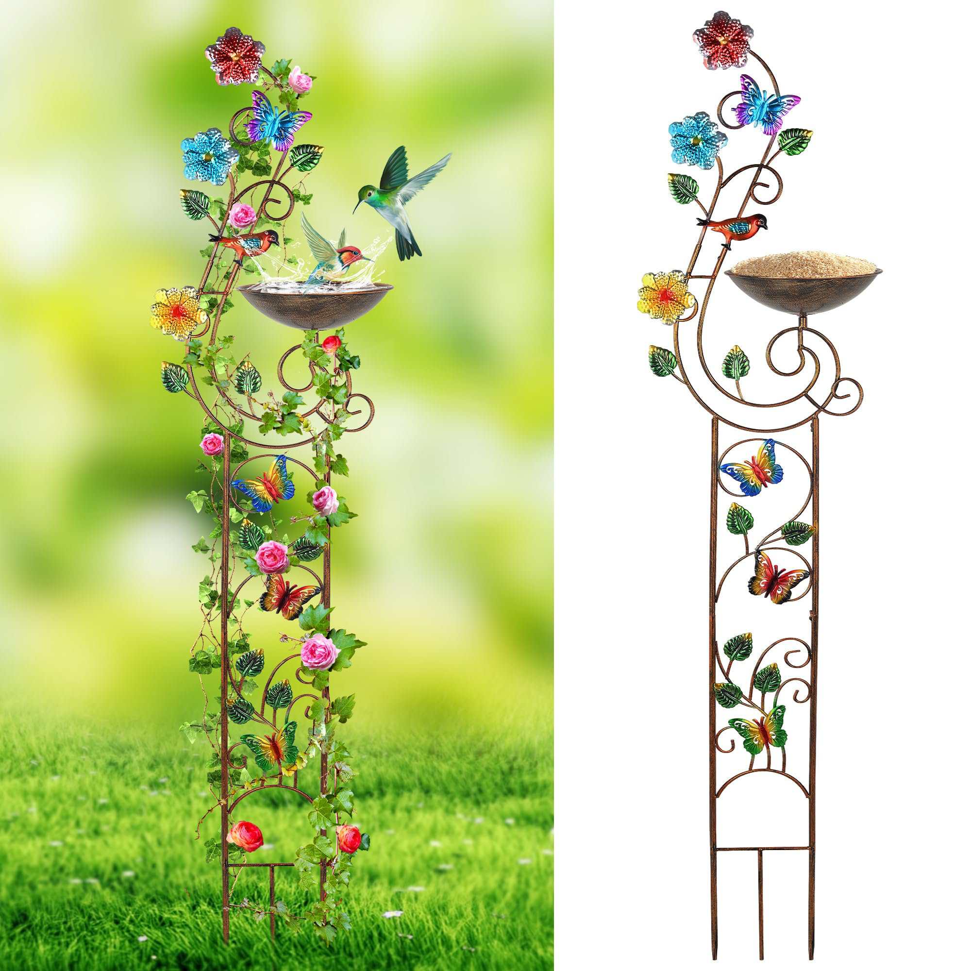 August Grove 57” Bird Bath With Garden Trellis For Climbing Plants ...