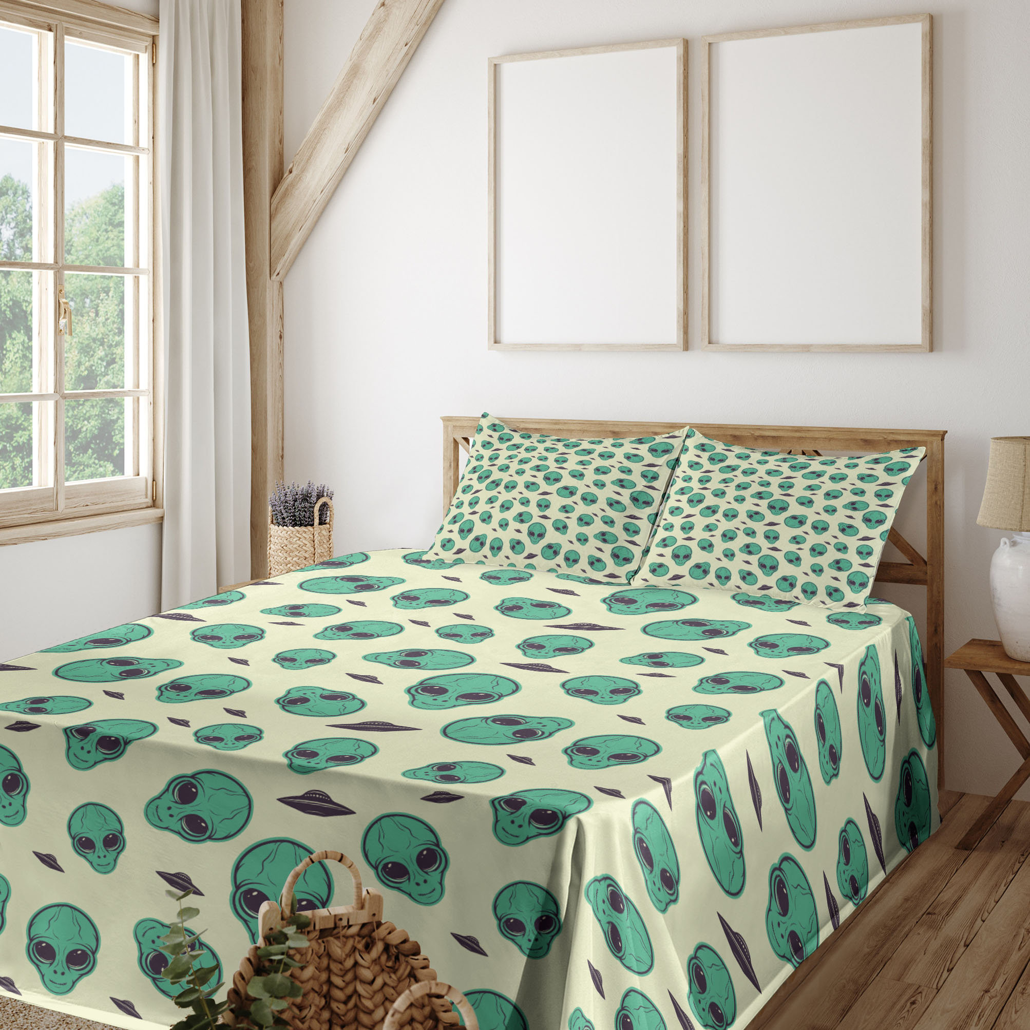 Ambesonne Alien Sheet Set Retro UFOs Extraterrestrial Teal Cream Dark ...