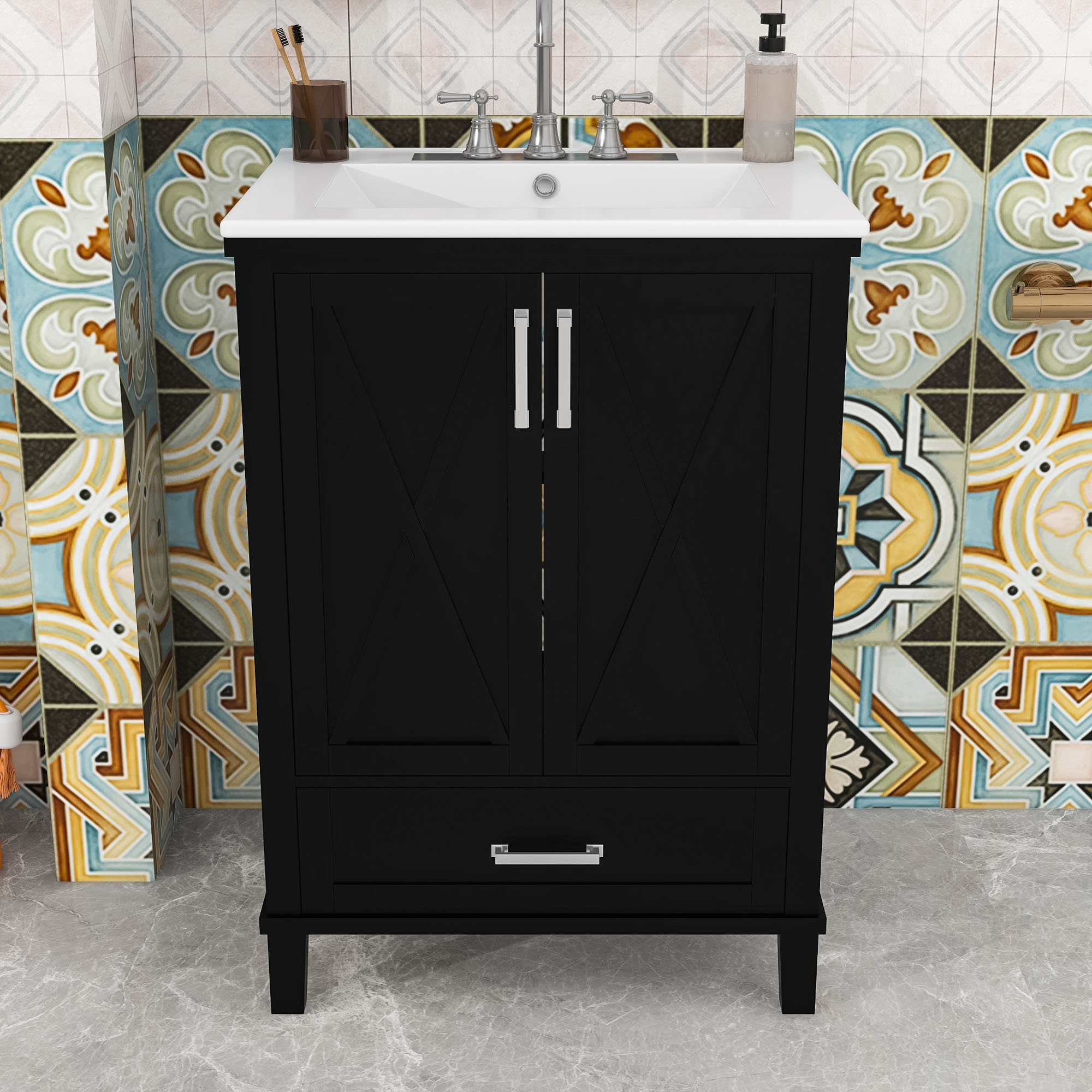 Gracie Oaks Meuble-lavabo de salle de bain avec lavabo simple, tiroir ...