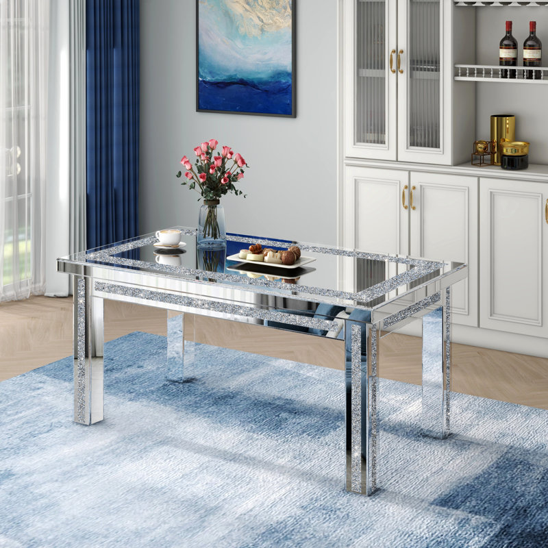 Rosdorf Park Douty 63" Glass Top Dining Table Crystal Diamond Inlay ...