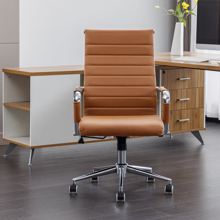 Ivy Bronx Amaiia Mid-Back Ribbed Leather Upholstered Adjustable Swivel ...