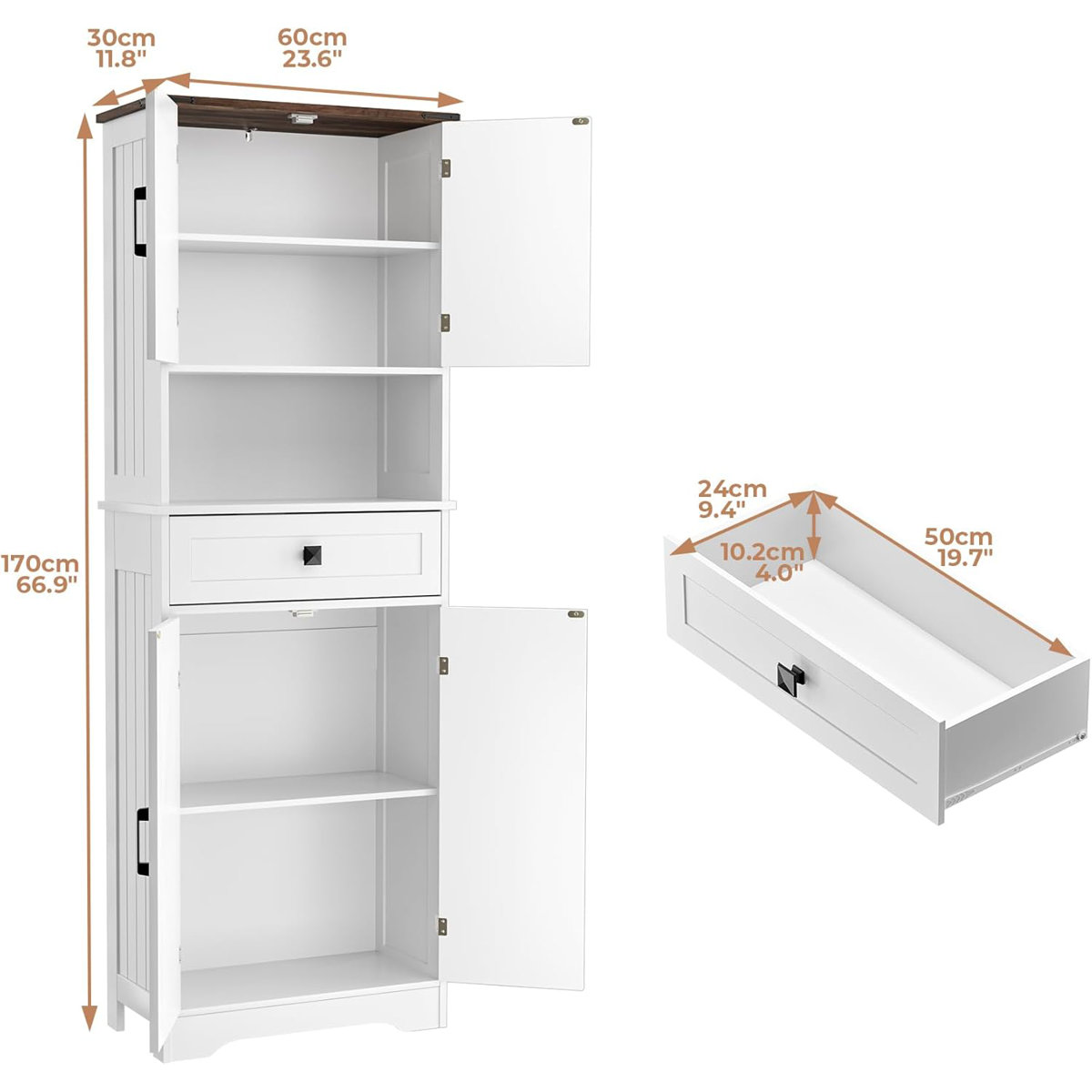 Gracie Oaks 67"H 3-Compartment 4-Door Linen Cabinet, Freestanding ...