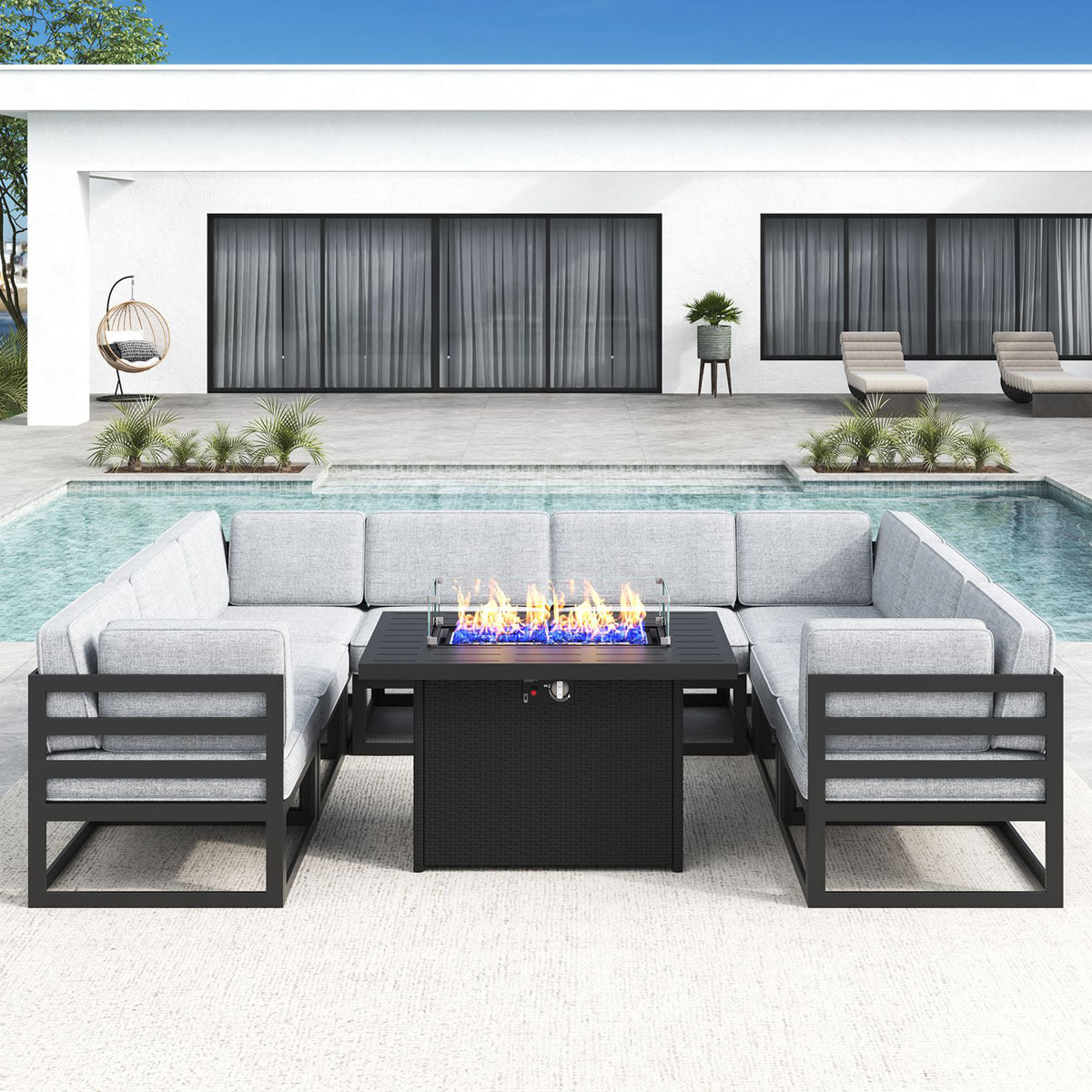 Latitude Run® 9 - Piece Outdoor Modular Sectional Set with Fire Table ...