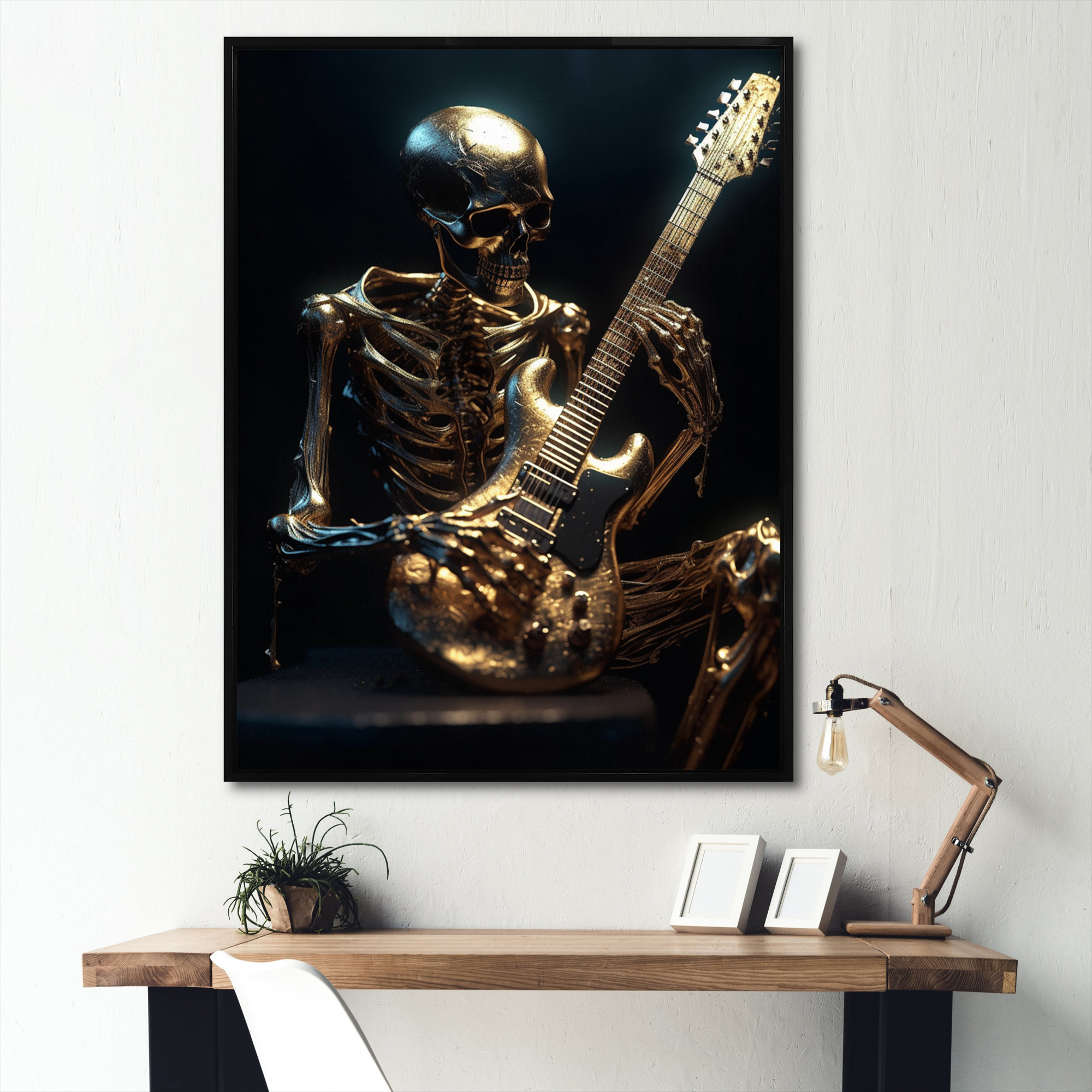 Trinx Gold Skeleton Rocking Out On Canvas Print | Wayfair