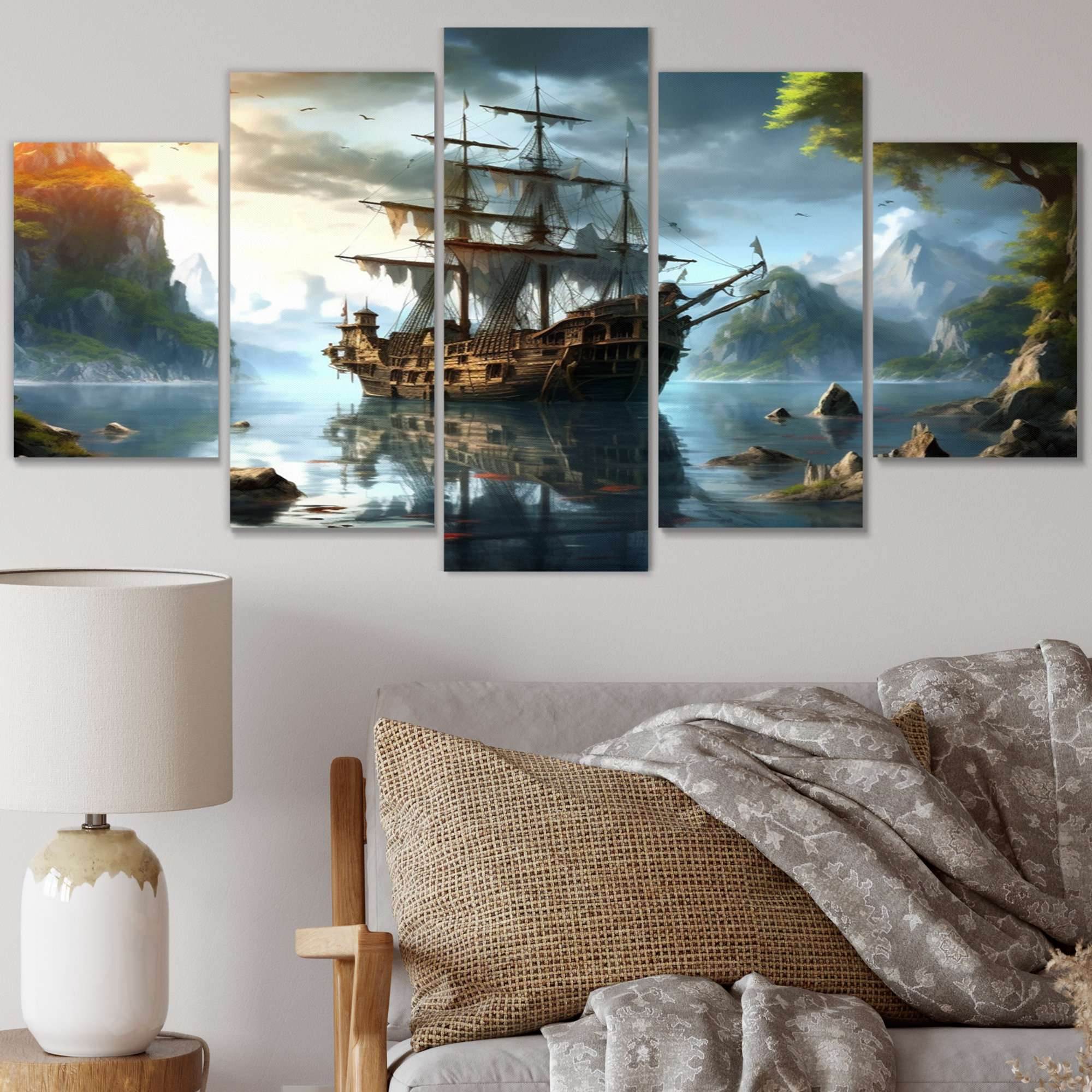 Design Art Pirate Ship At Sea - Pirate Canvas Art Print - 5 Panels ...