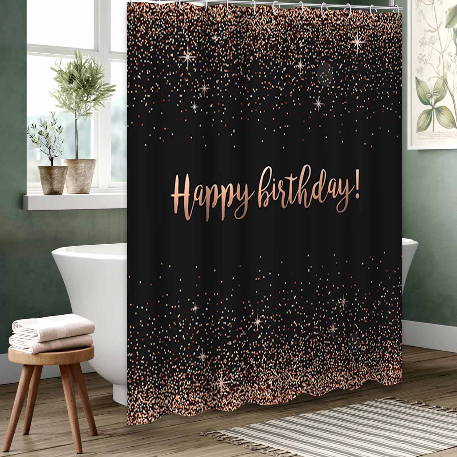The Party Aisle™ Gold Waterproof Shower Curtain,Happy Birthday with ...