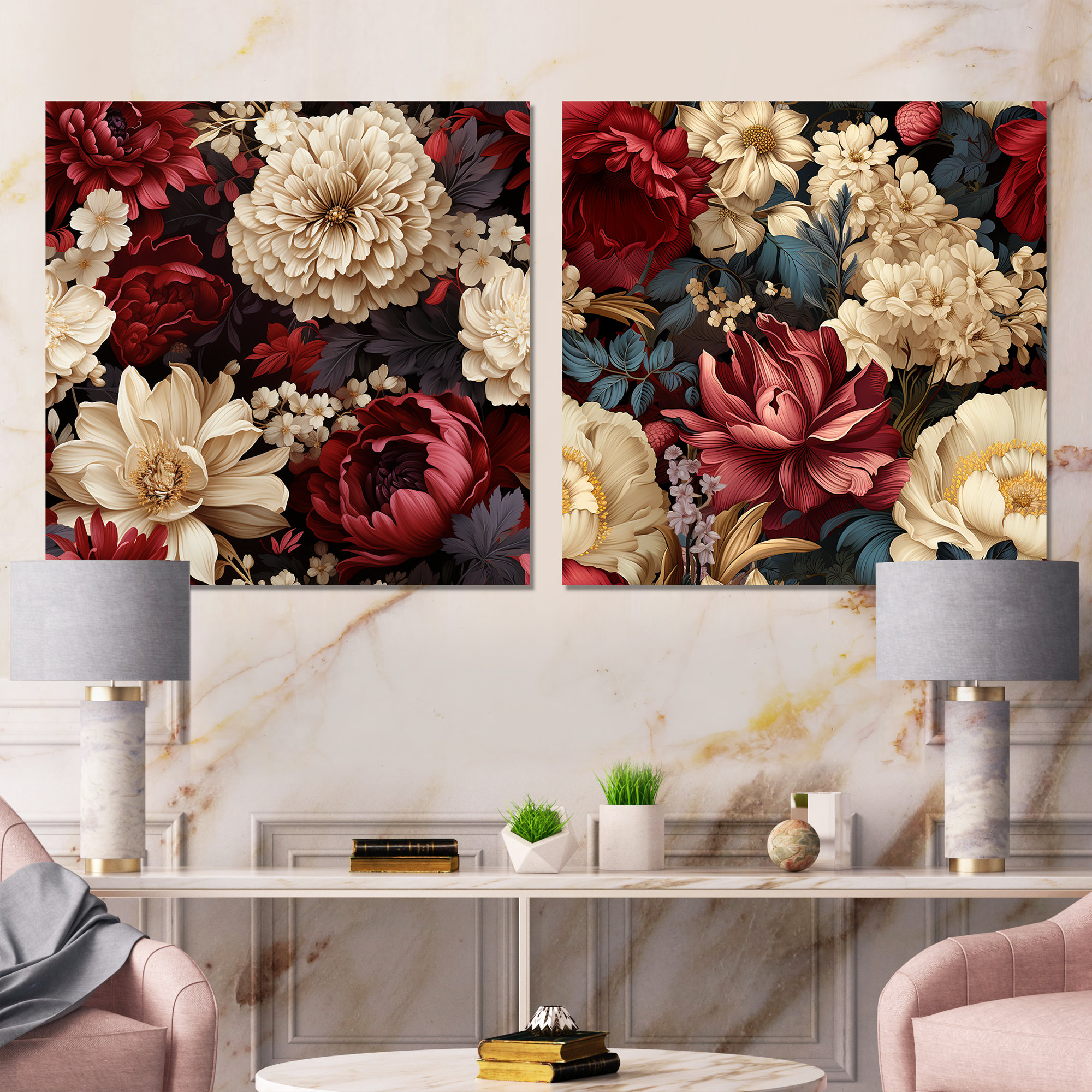 Design Art Renaissance Red Peonies Botanical Pattern - Floral Wall ...