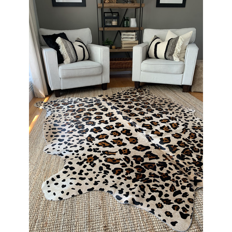 Everly Quinn Handmade Jaguar Print Cowhide Beige Rug | Wayfair