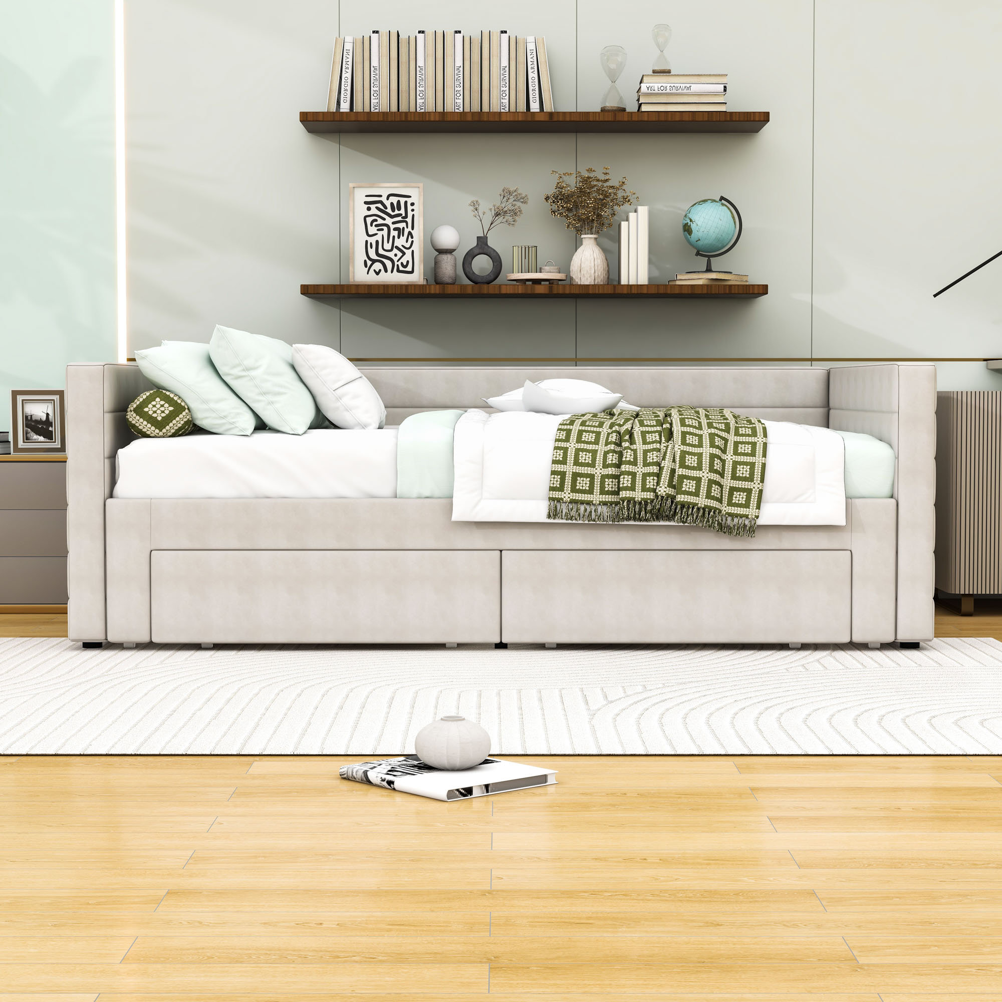 Latitude Run® 2 Drawers Upholstered Chenille Daybed with Extendable ...
